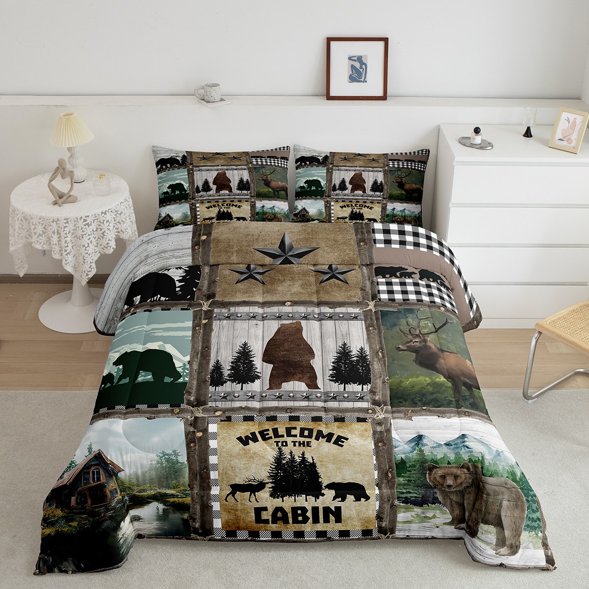 Farmhouse Decor,Rustic Bear Deer Quilt King,Black and White Checkered ...