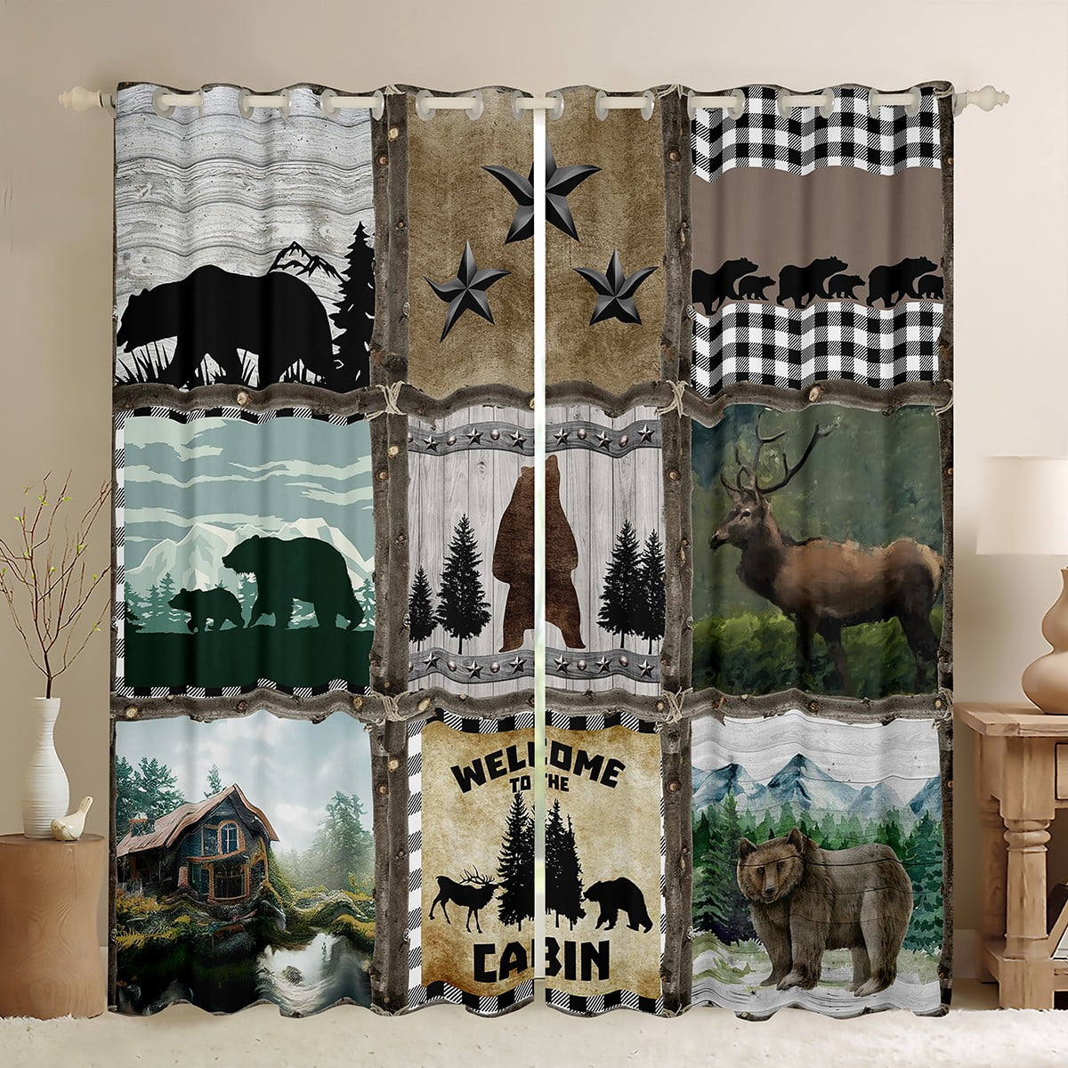 Farmhouse Decor,Rustic Bear Deer Window Curtains 2 Panels 42"Wx84"L ...