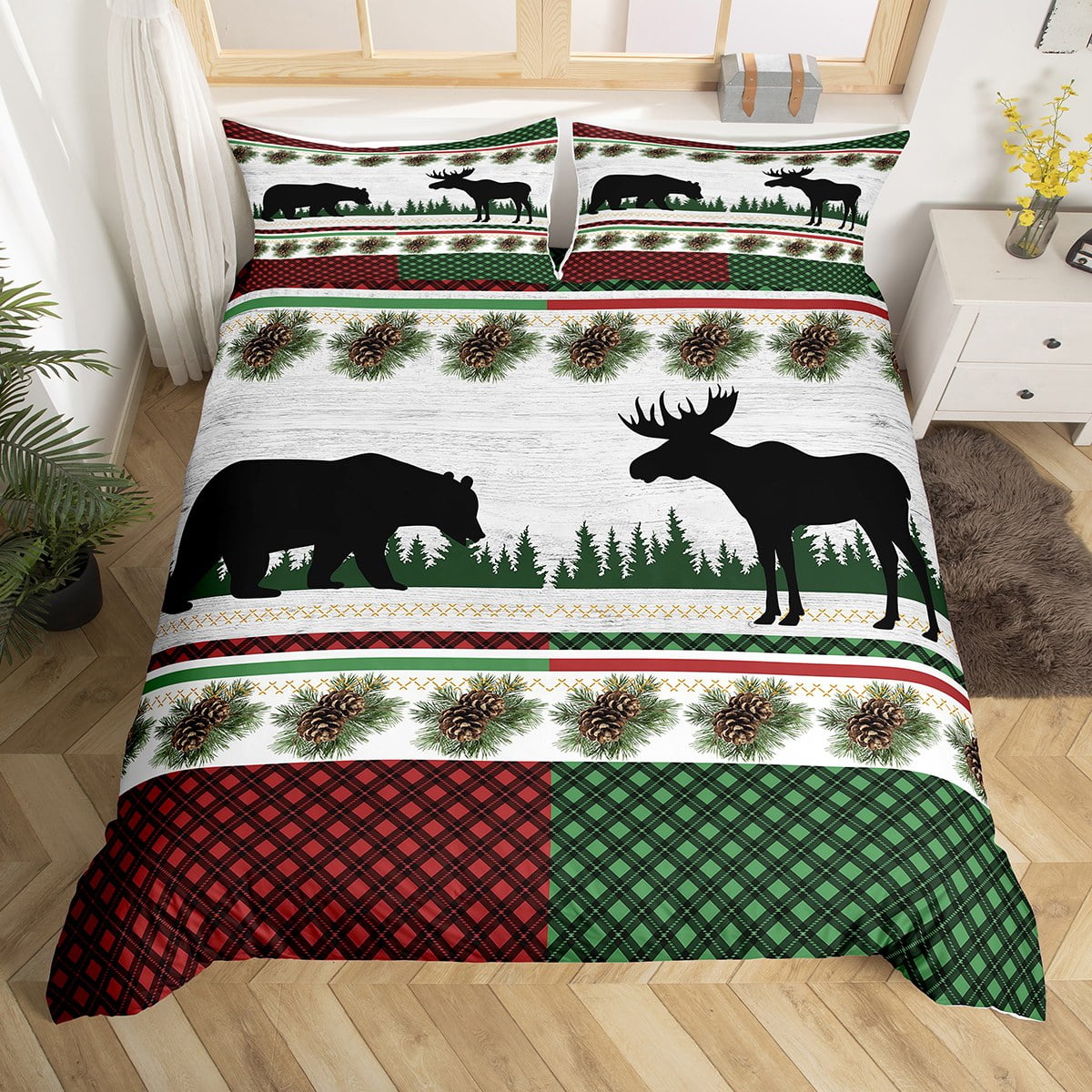 Farmhouse Decor,Rustic Bear Moose Comforter Cover King,Red Green ...