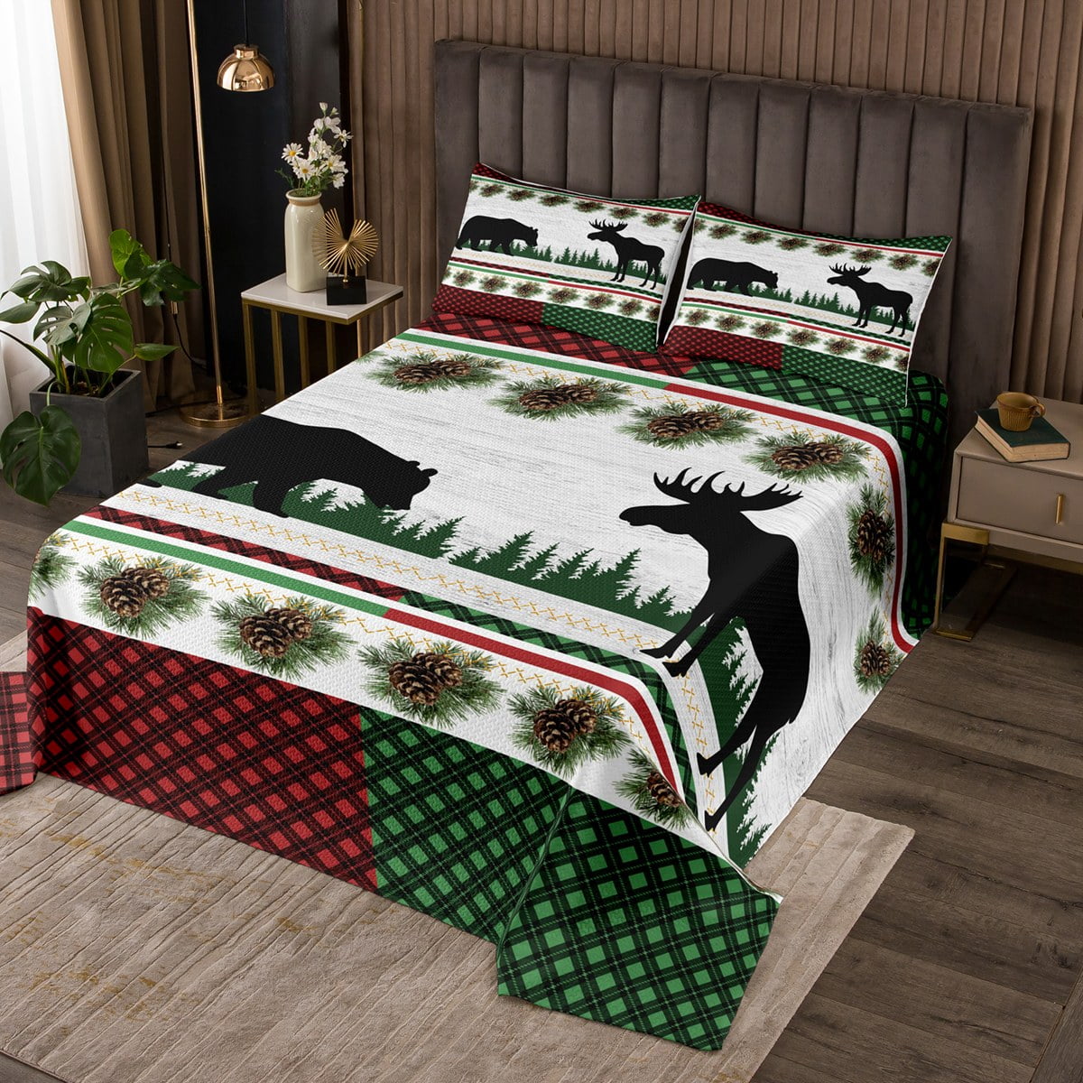 Farmhouse Decor,Rustic Bear Moose Coverlet Set King,Red Green Checkered ...