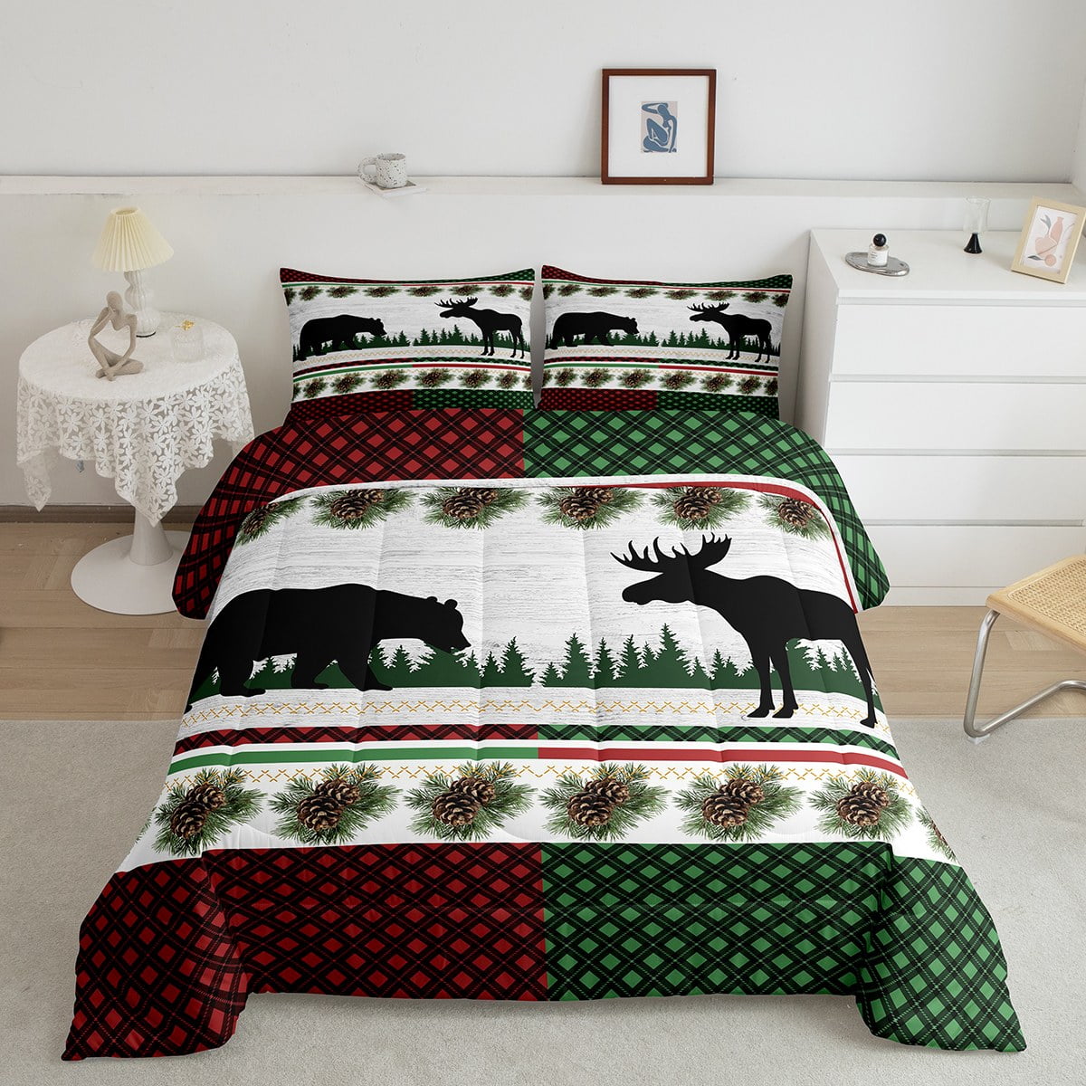 Farmhouse Decor,Rustic Bear Moose Quilt Full,Red Green Checkered ...