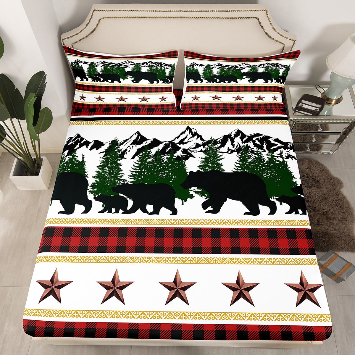 Farmhouse Decor,Rustic Bear Sheets Queen Size,Red and Black Checkered ...