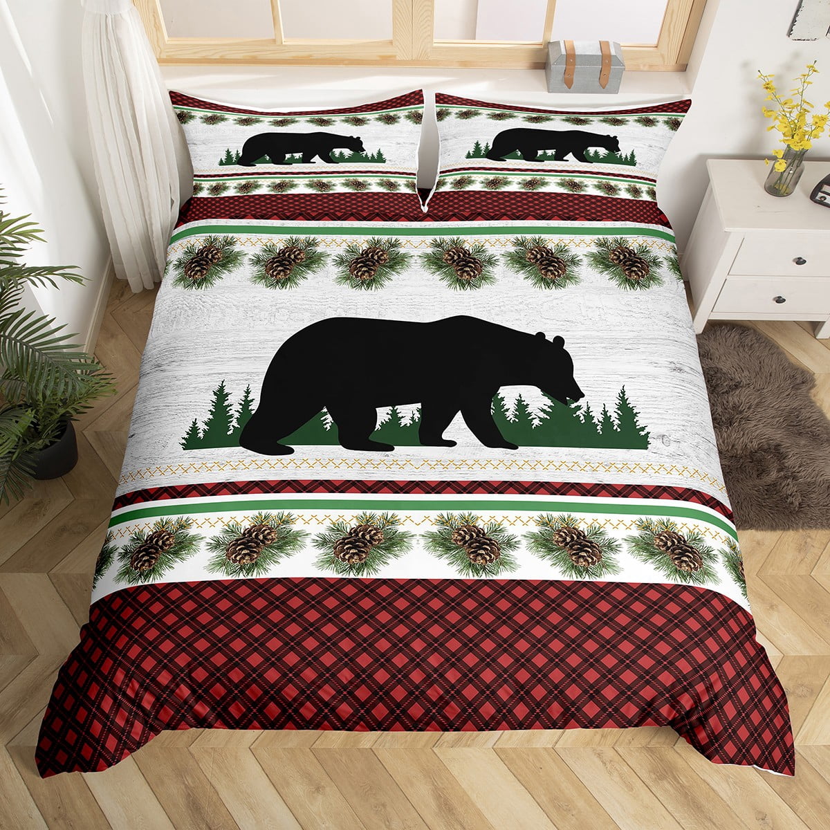 Farmhouse Decor,Rustic Black Bear Comforter Cover King,Red Checkered ...