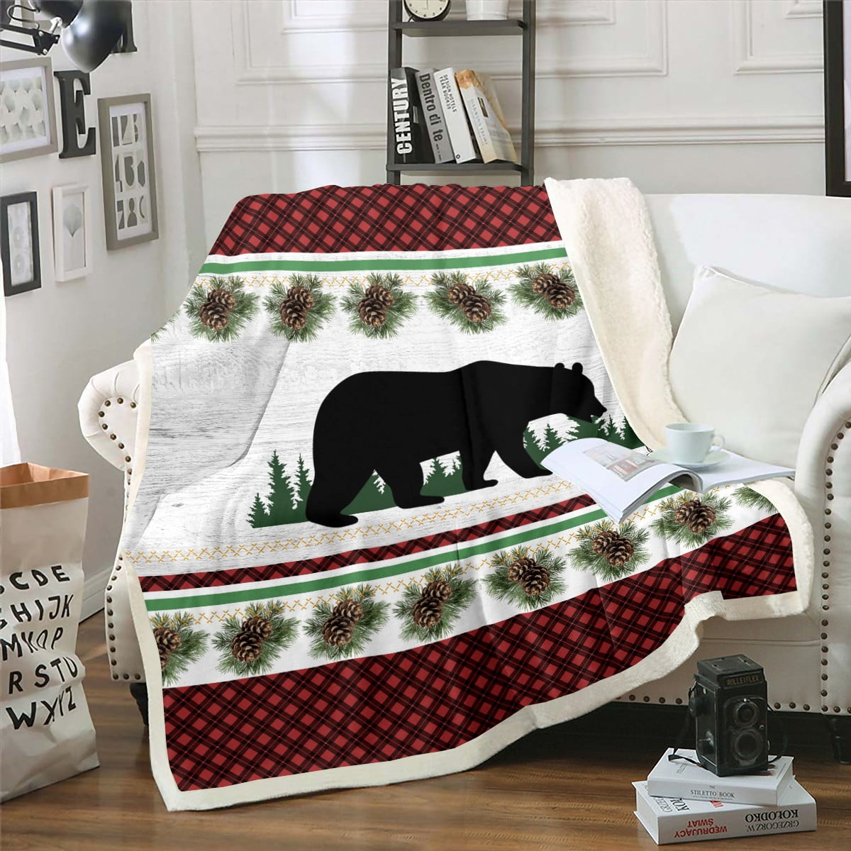 Farmhouse Decor,Rustic Black Bear Fleece Blanket 30"x40",Red Checkered ...