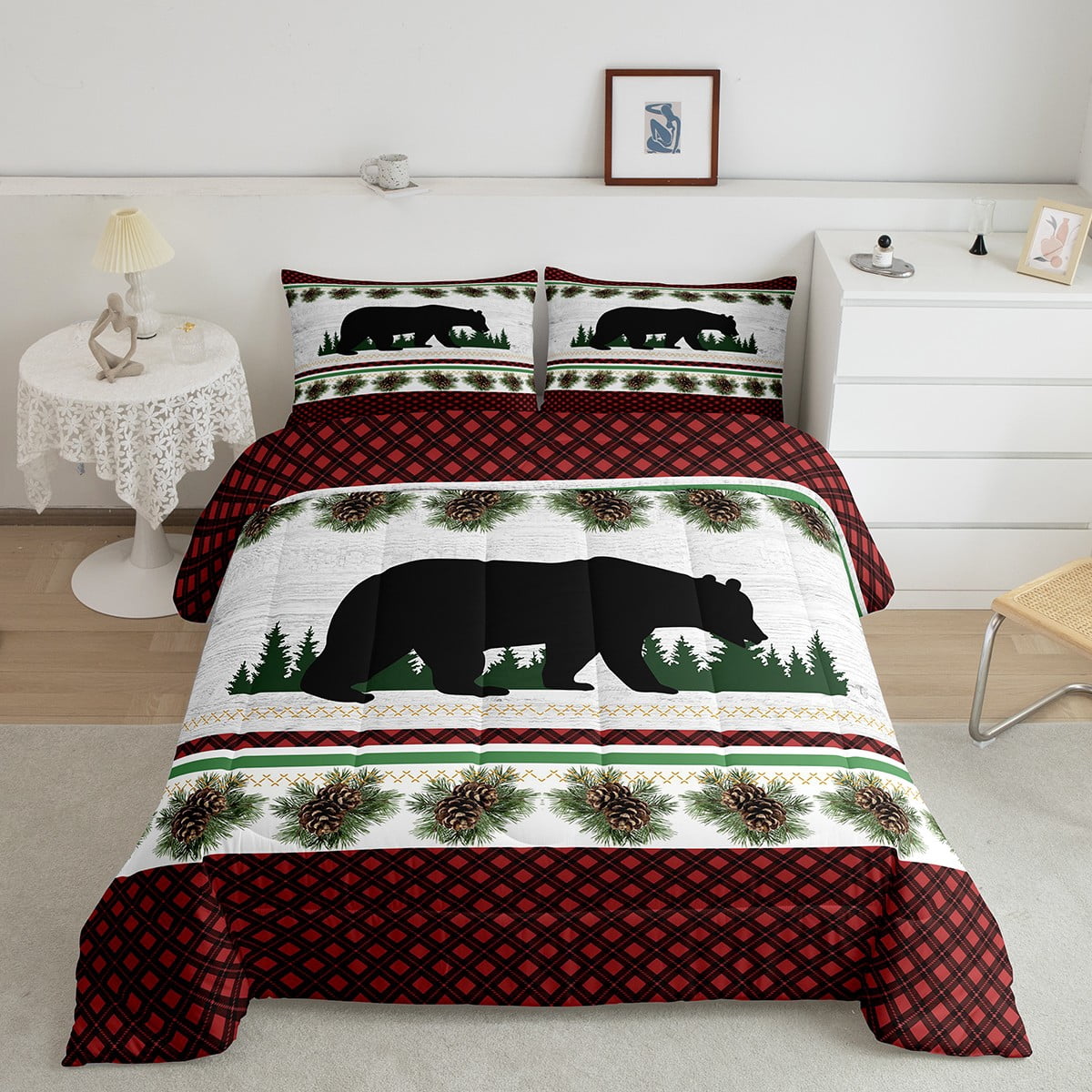 Farmhouse Decor,Rustic Black Bear Quilt Queen,Red Checkered Buffalo ...