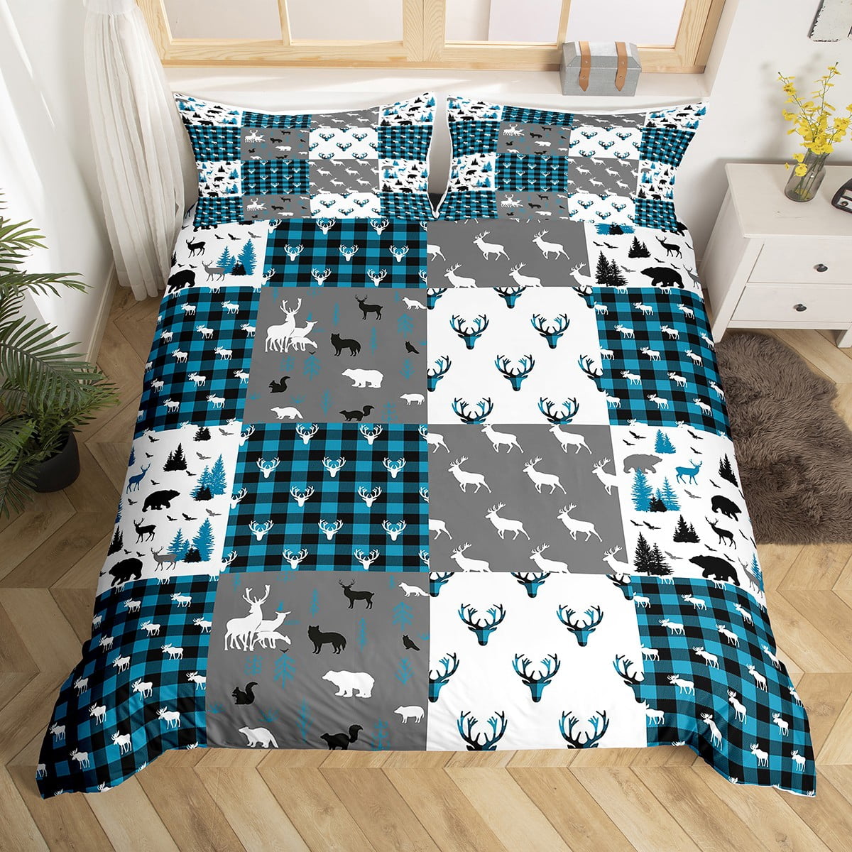 Farmhouse Decor,Rustic Deer Antler Comforter Cover Queen,Black Bear ...