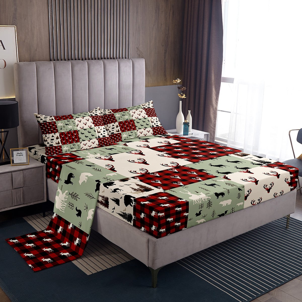 Farmhouse Decor,Rustic Deer Antler Flat Fitted Sheet Full,Black Bear ...