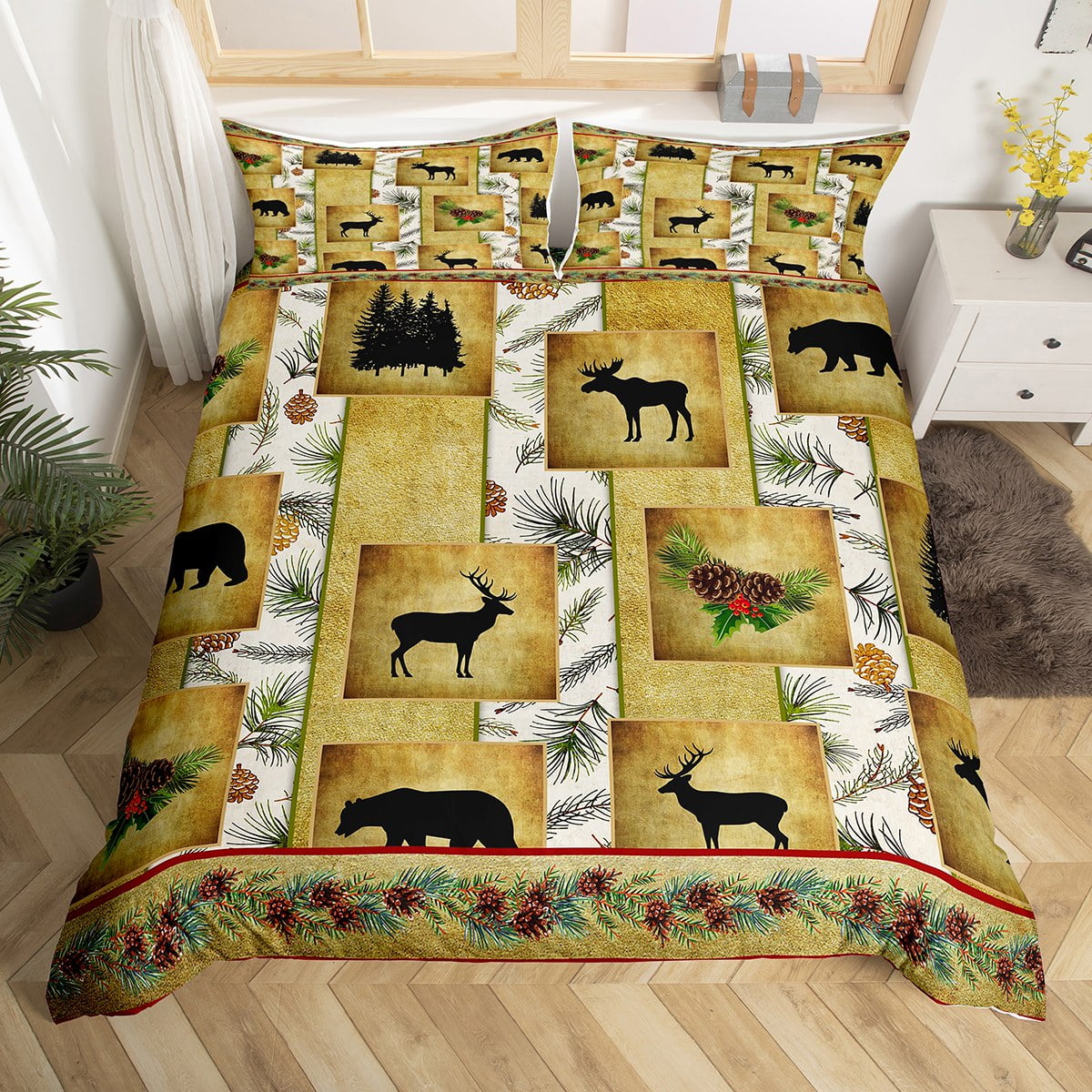 Farmhouse Decor,Rustic Deer Comforter Cover Black Bear Patchwork Duvet ...