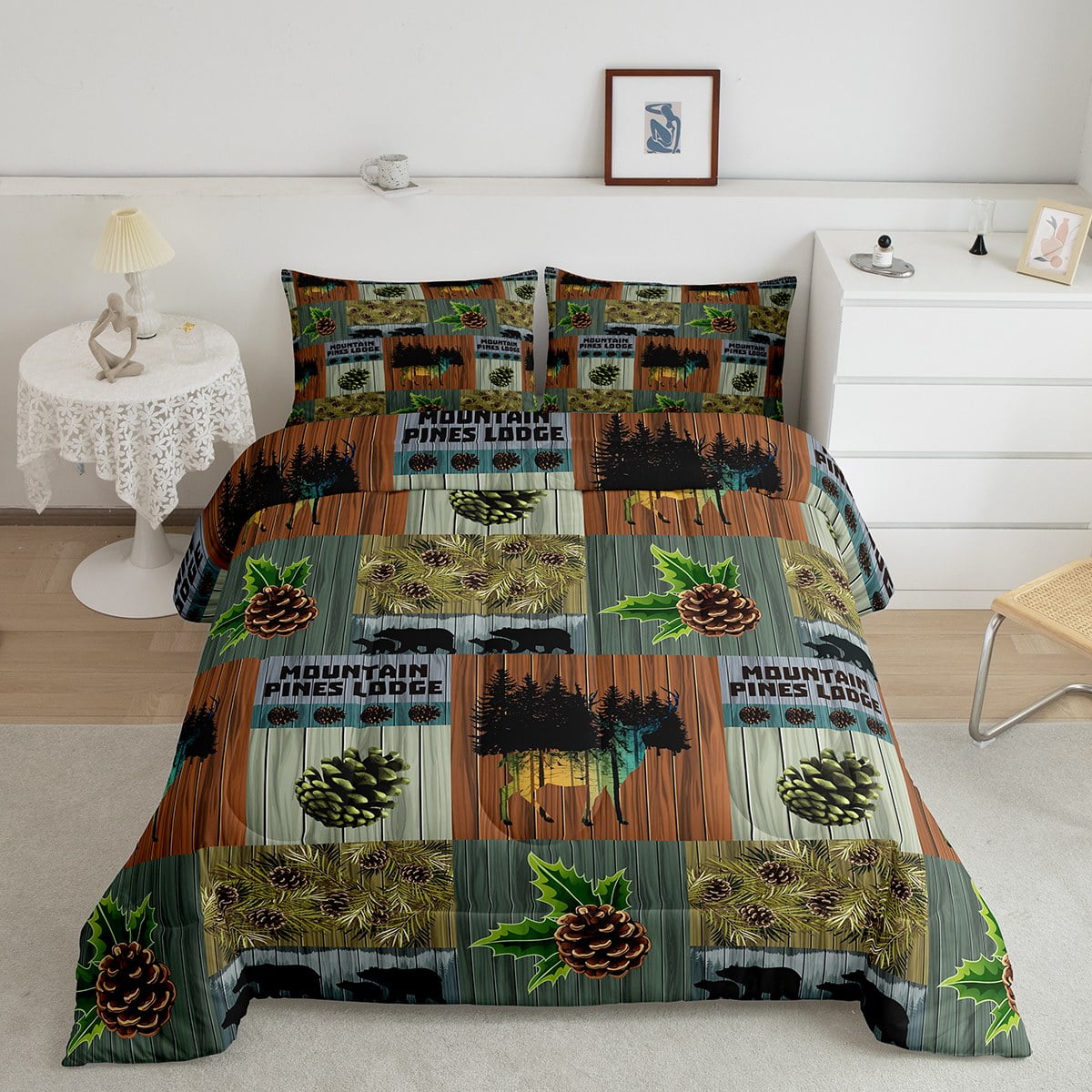 Farmhouse Decor,Rustic Deer Quilt Black Bear Patchwork Comforter Set ...