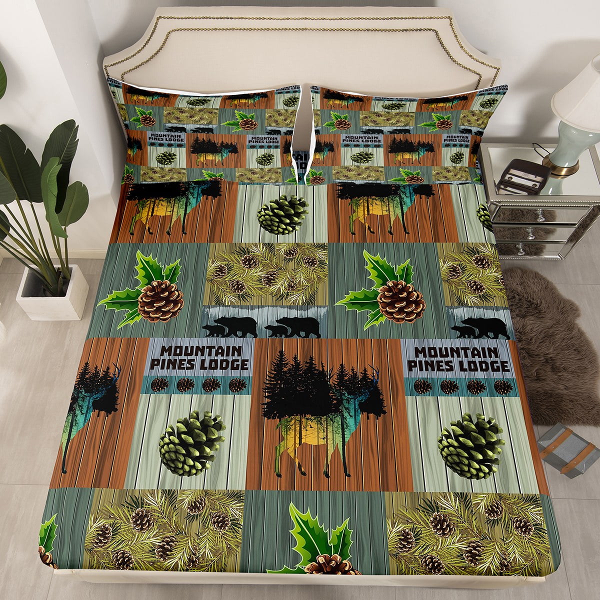 Farmhouse Decor,Rustic Deer Sheets Black Bear Patchwork Fitted Sheet ...