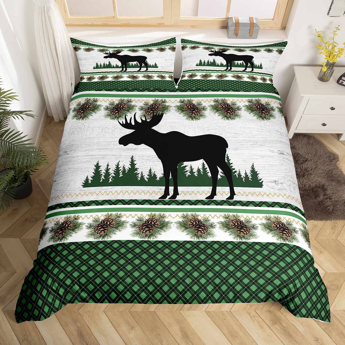 Farmhouse Decor,Rustic Moose Deer Comforter Cover King,Green Checkered ...