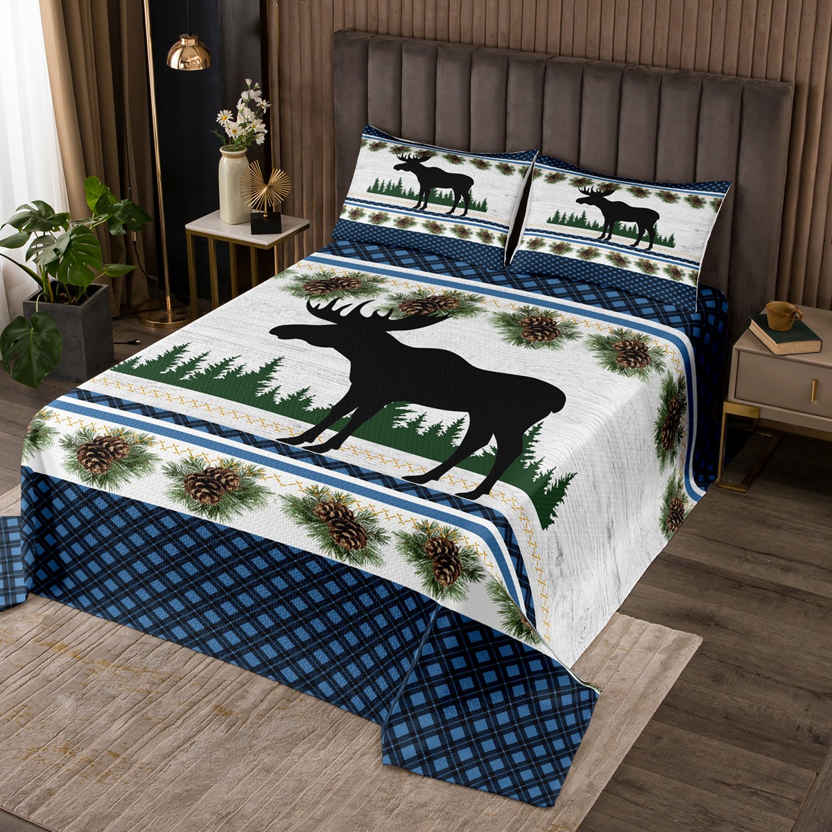 Farmhouse Decor,Rustic Moose Deer Coverlet Set King,Blue Checkered ...