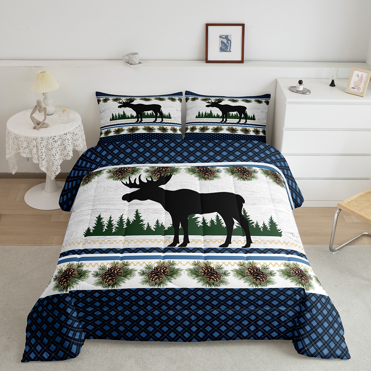 Farmhouse Decor,Rustic Moose Deer Quilt Twin,Blue Checkered Buffalo ...