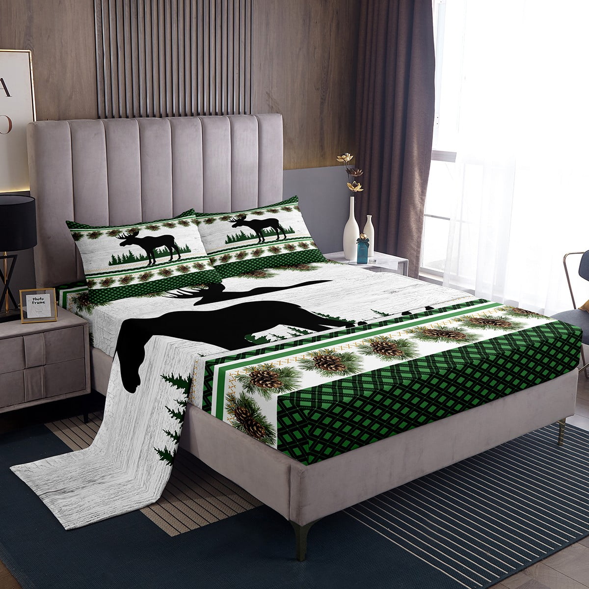 Farmhouse Decor,Rustic Moose Deer Sheets Twin,Green Checkered Buffalo ...