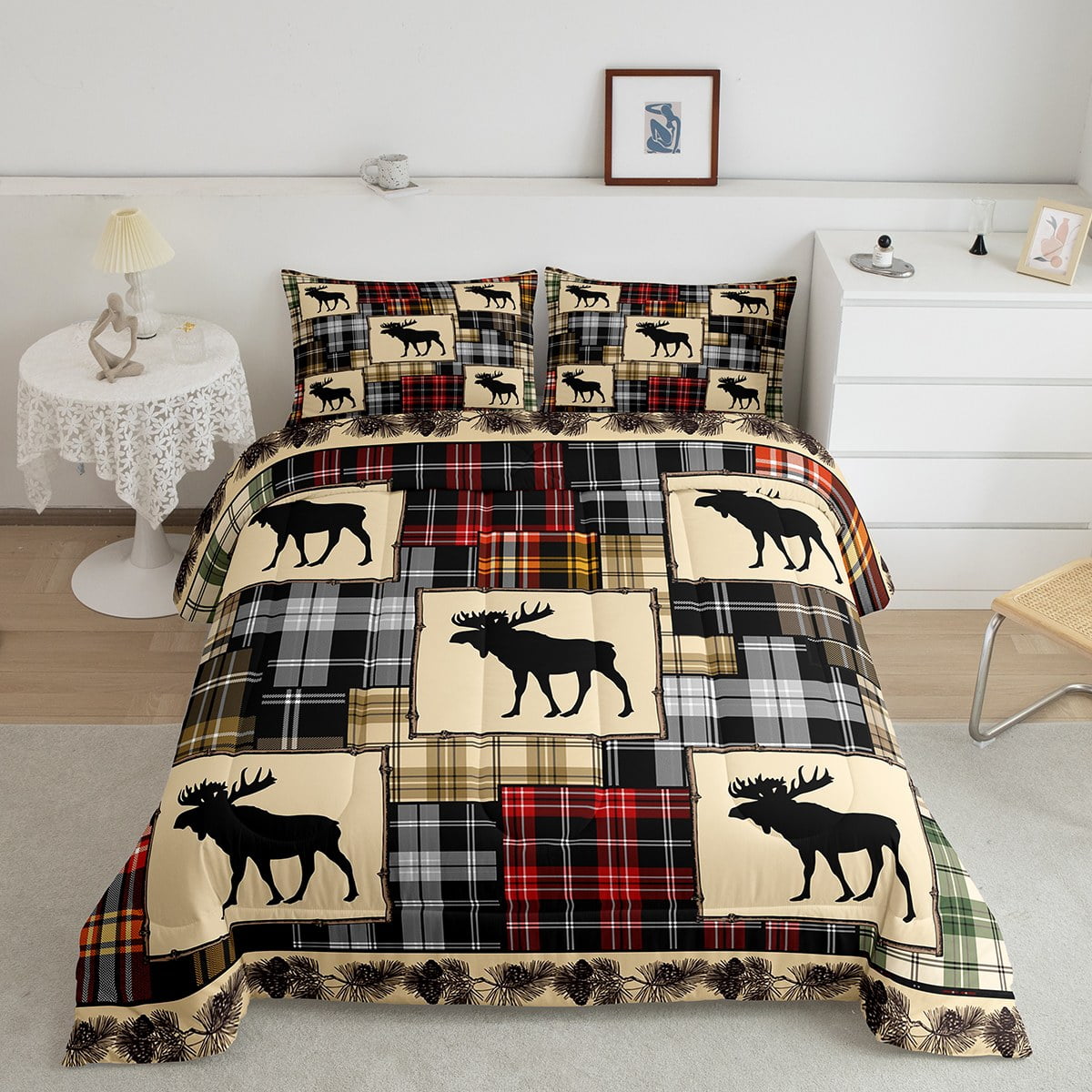 Farmhouse Decor,Rustic Moose Quilt Queen Size,Deer Hunter Comforter Set ...