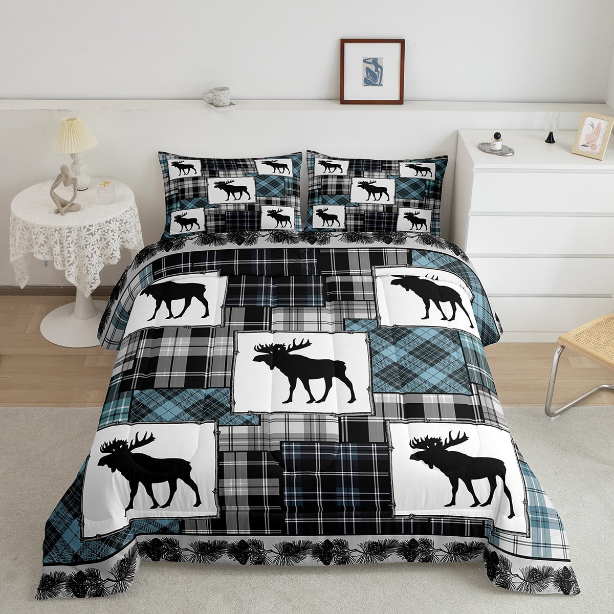 Farmhouse Decor,Rustic Moose Quilt Twin Size,Deer Hunter Comforter Set ...
