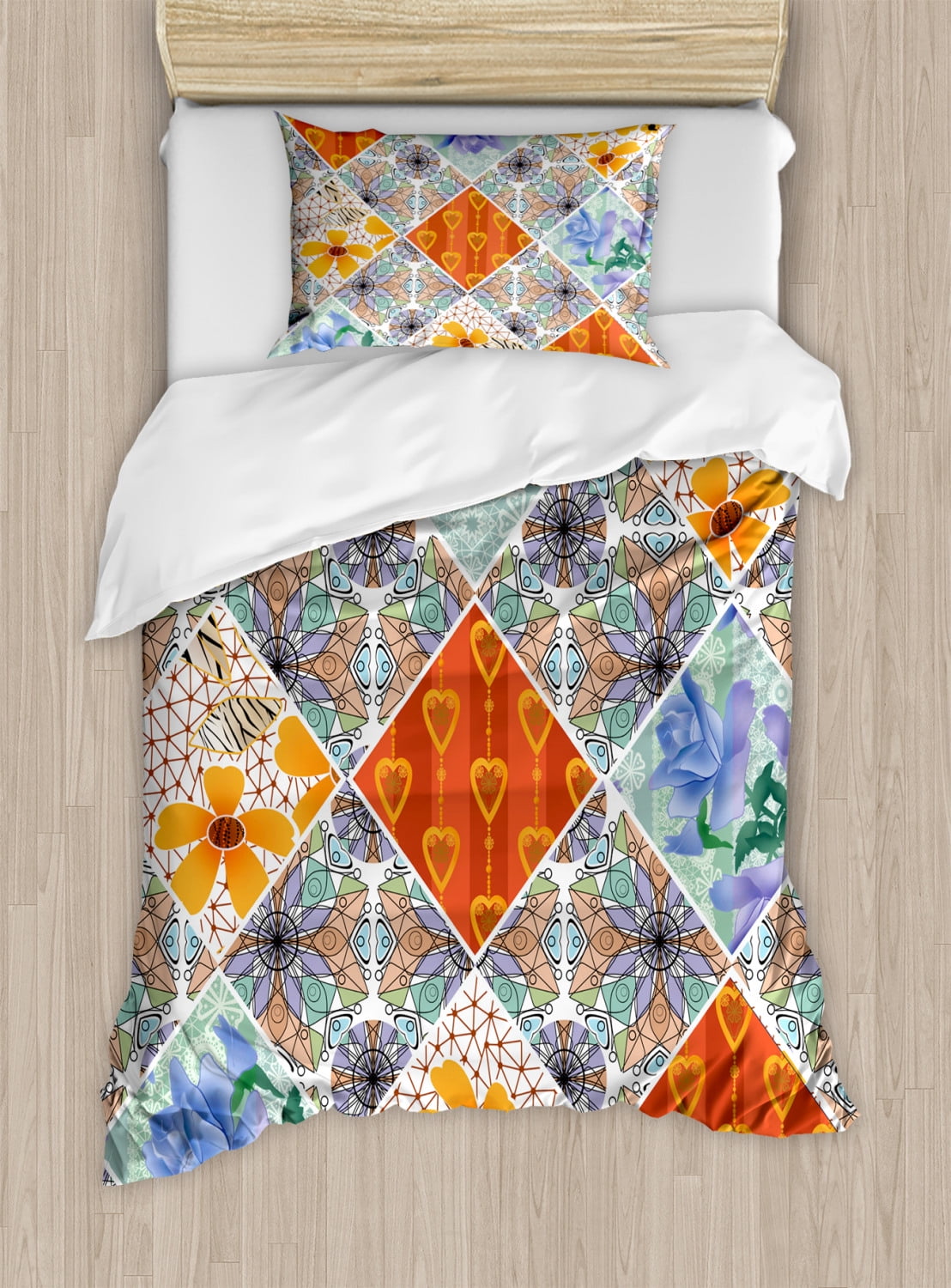 Farmhouse Decor Twin Size Duvet Cover Set, Patchwork with Heart and ...