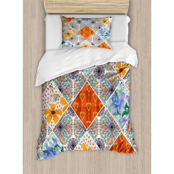 Farmhouse Decor Twin Size Duvet Cover Set, Patchwork with Heart and ...