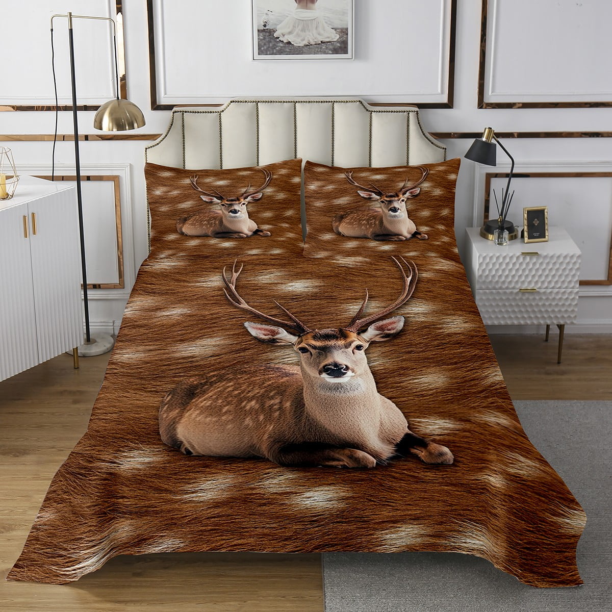 Farmhouse Deer Bed Set Set,Sika Deer Pattern Queen Bedspread Set,Rustic ...