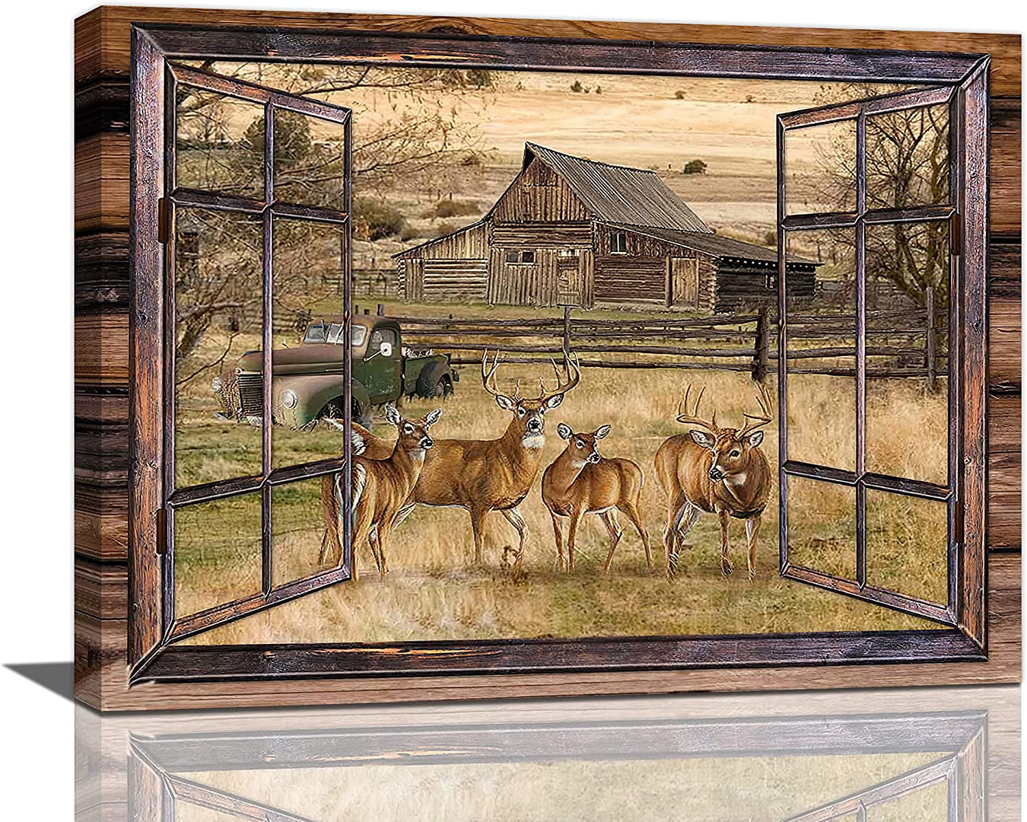 Farmhouse Deer Canvas Wall Art Country Wildlife Elk Rustic Old Barn ...