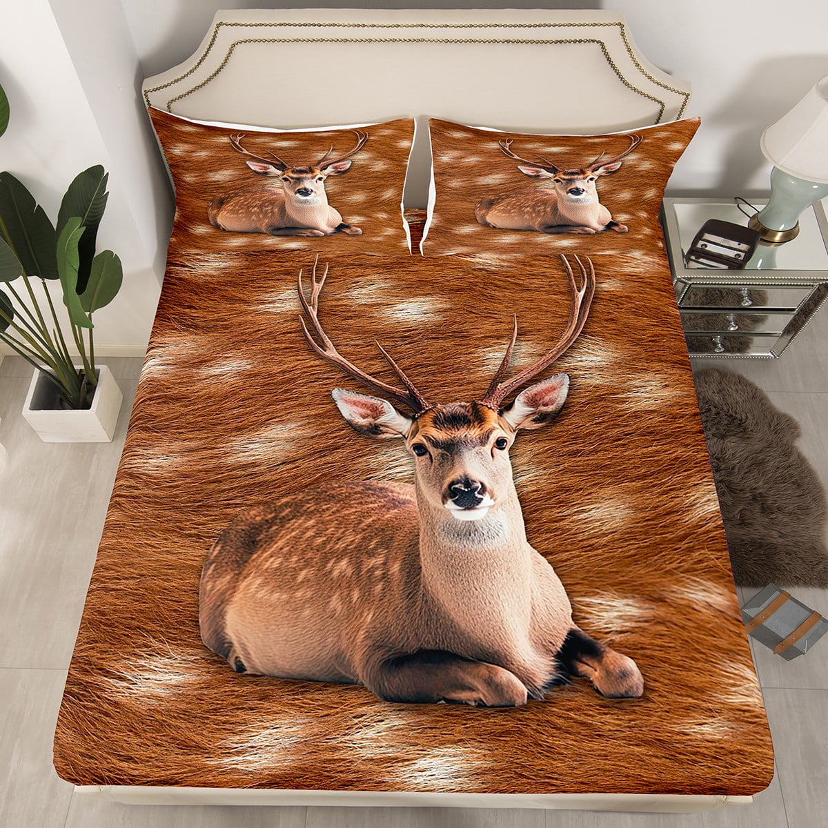 Farmhouse Deer Fitted Sheet,Sika Deer Pattern Full Bed Sheets,Rustic ...