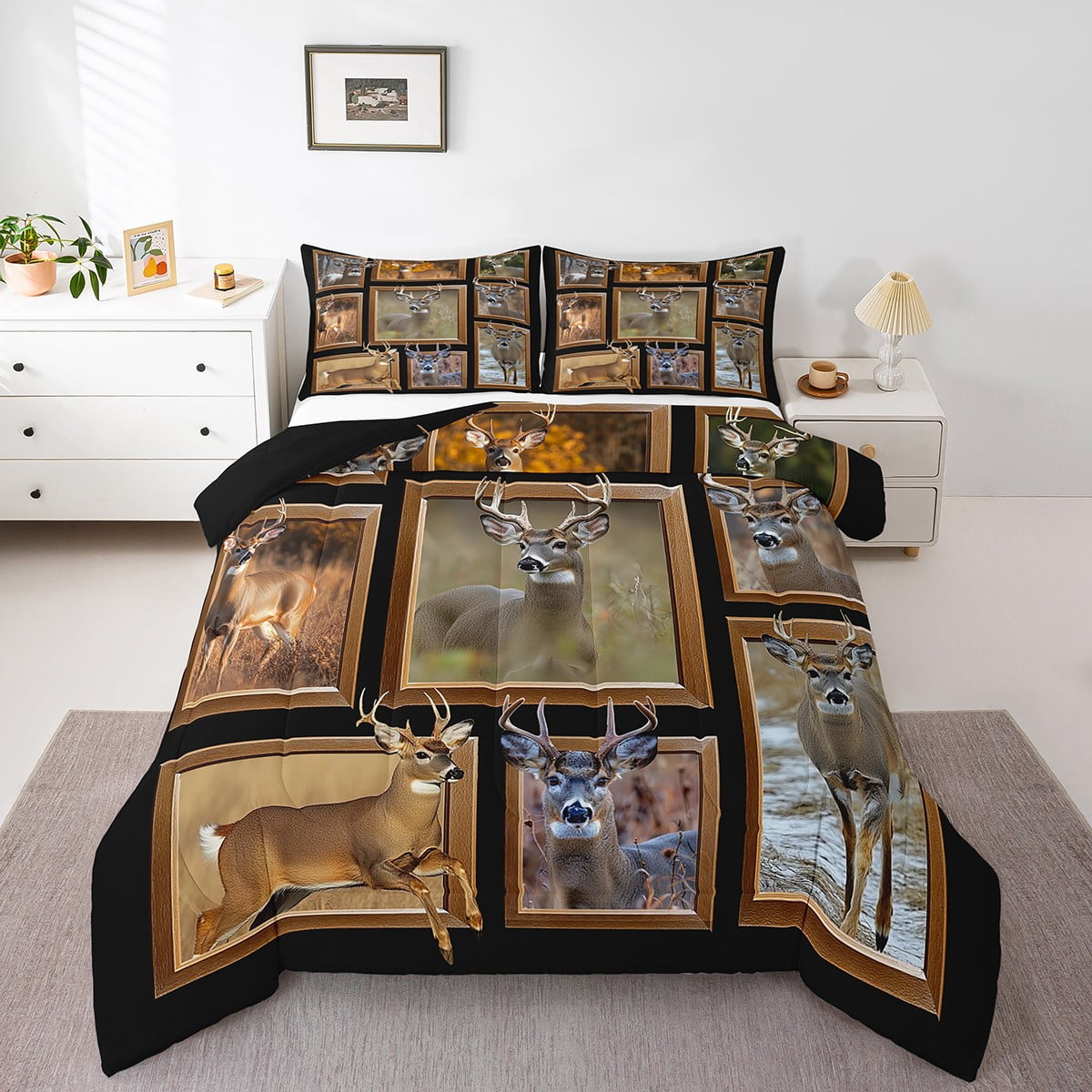 Farmhouse Deer Hunting Comforter Set Buffalo Plaid Lodge Bear Moose ...