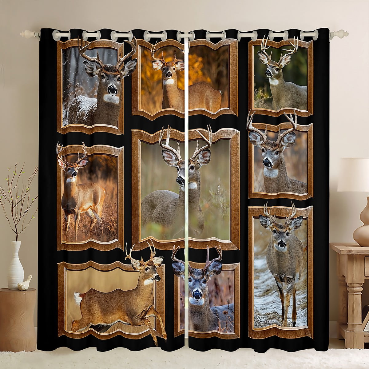 Farmhouse Deer Hunting Curtains Buffalo Plaid Lodge Bear Moose Deer 30% ...