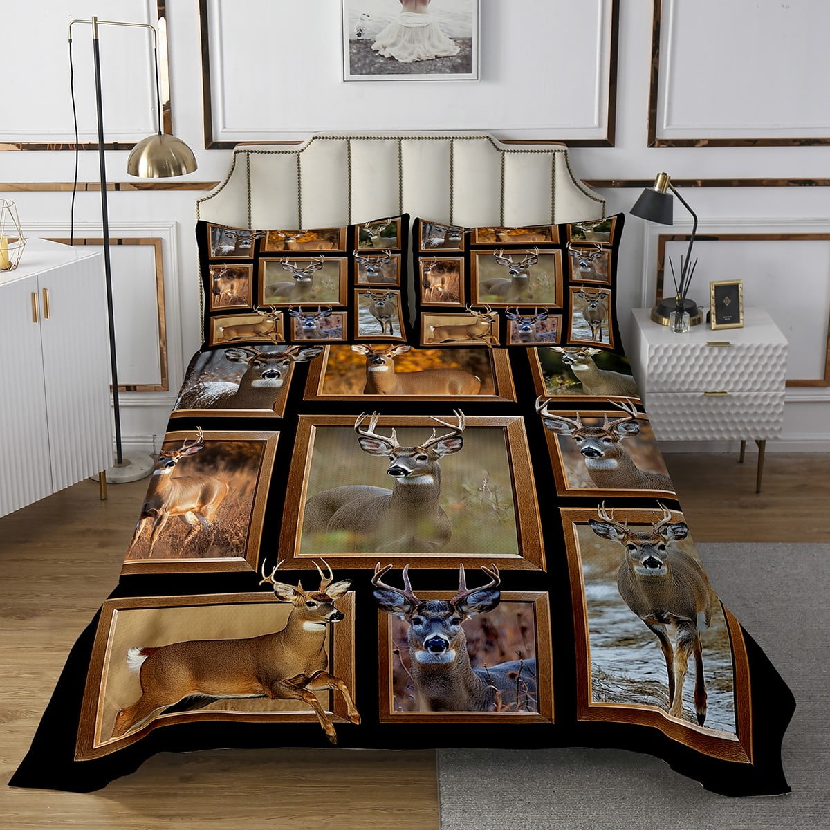 Farmhouse Deer Hunting Quilt Set Buffalo Plaid Lodge Bear Moose Deer ...