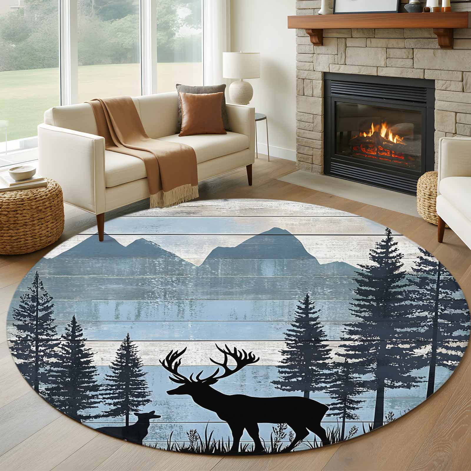Farmhouse Deer Round Area Rug 5 FT, Non Slip Bedroom Rugs, Vintage ...