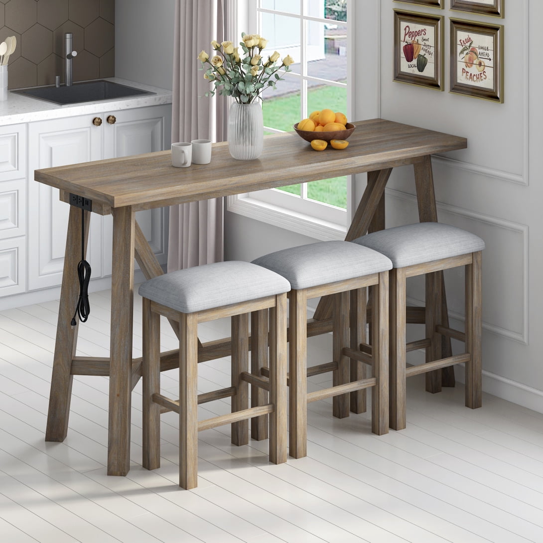 Farmhouse Dining Bar Table Set for 4, Table withUSB Ports,Power Strip ...
