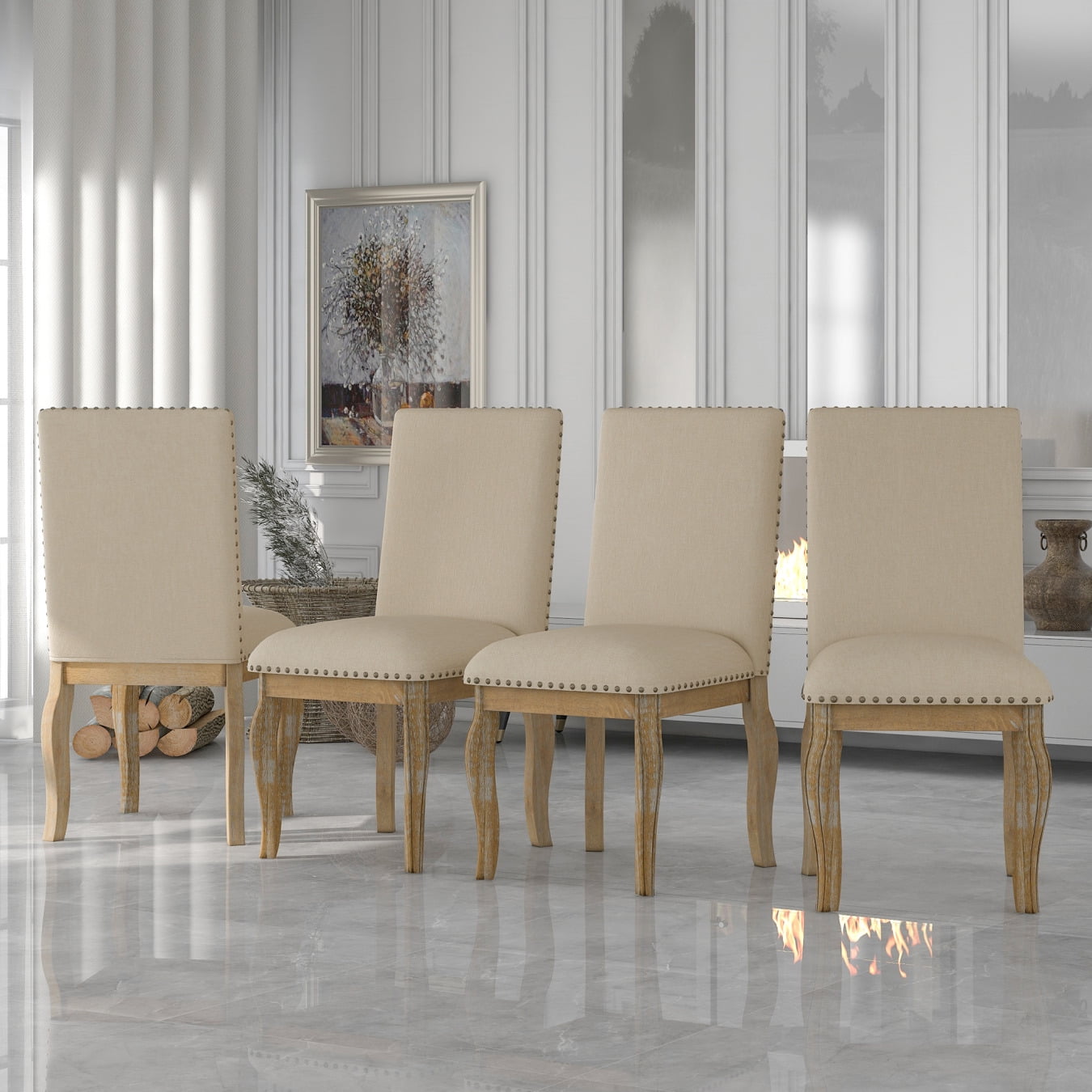 Farmhouse Dining Chairs Set of 4, Wood Upholstered Fabric Dining Room ...