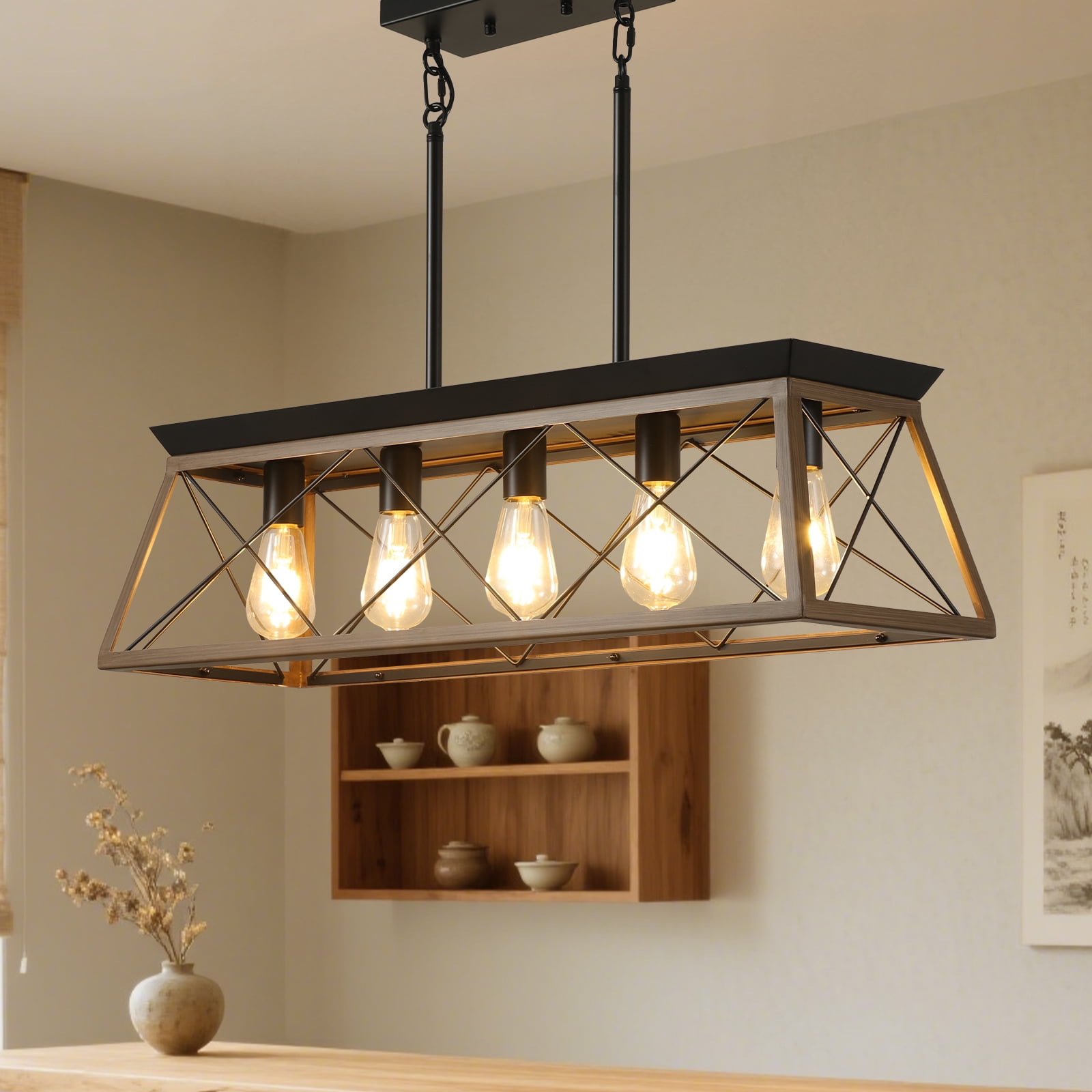 Farmhouse Rectangular 5-Light Pendant Lighting for Kitchen Island, Bar ...