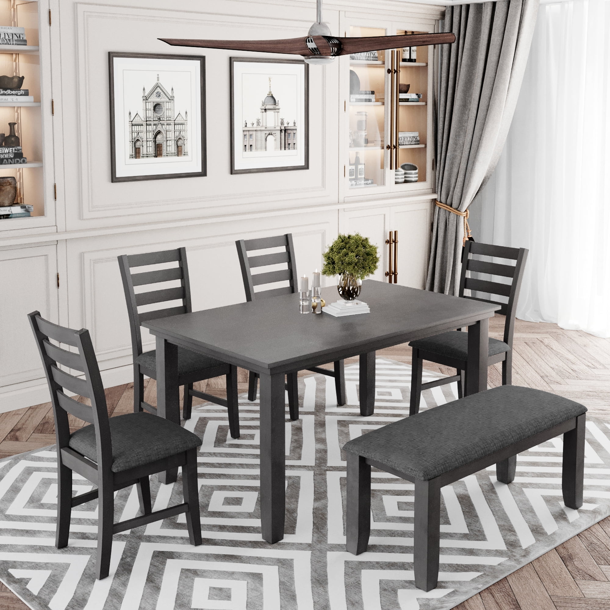 Farmhouse Dining Table Bench and Chairs Set, 6-Piece Kitchen Dining ...