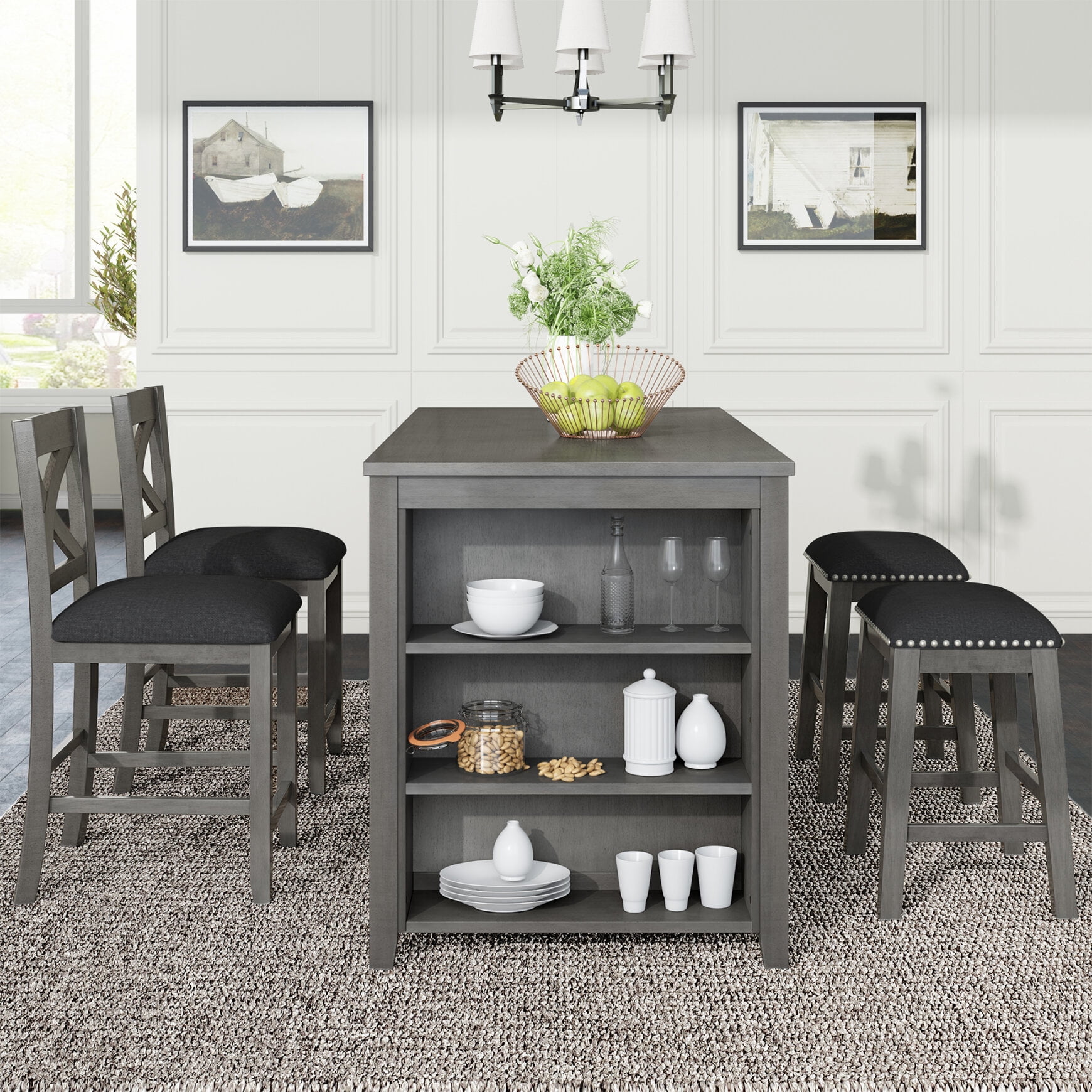 Farmhouse Dining Table Set with 3-Tier Storage, 5-Piece Counter Height ...