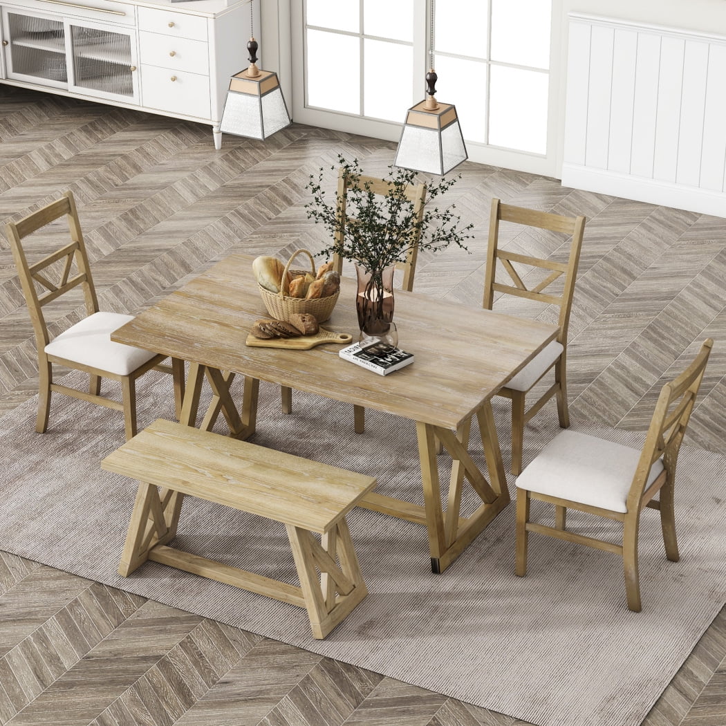 Farmhouse Dining Table Set for 6, Kitchen Table with 4 Upholstered ...