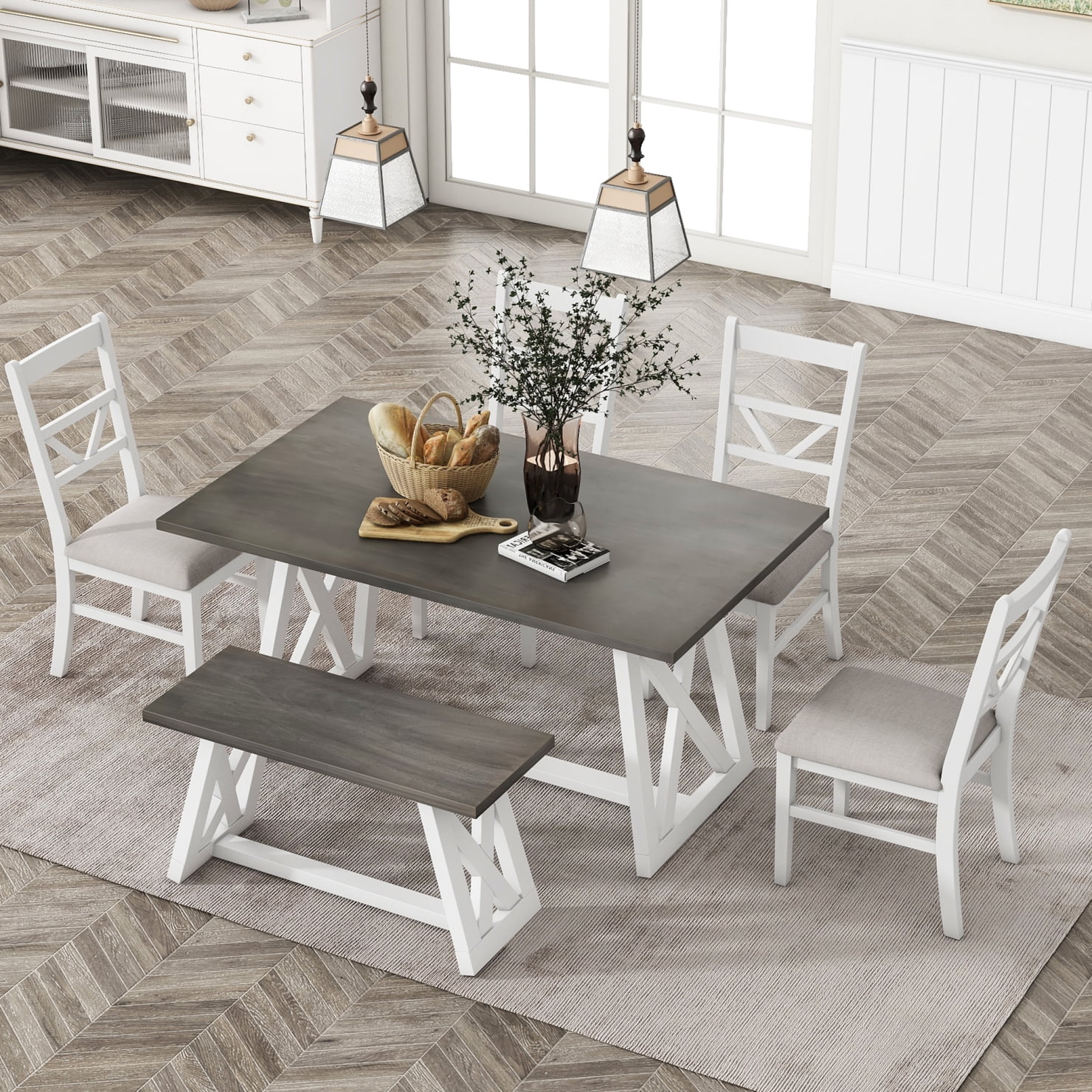 Farmhouse Dining Table Set for 6, Kitchen Table with 4 Upholstered ...