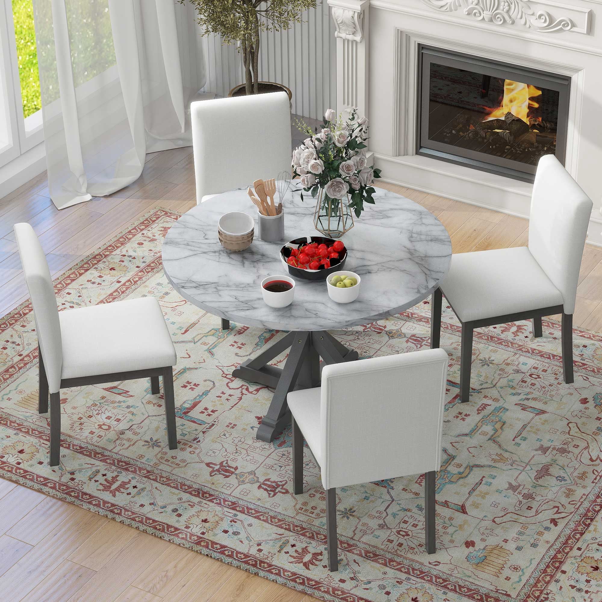 Farmhouse Dining Table Set with Marble Sticker and Cross Bracket ...