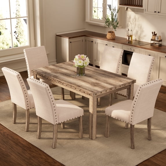 Morden Fort, Farmhouse Dining Table Set for 6, 6 Upholstered Chairs ...
