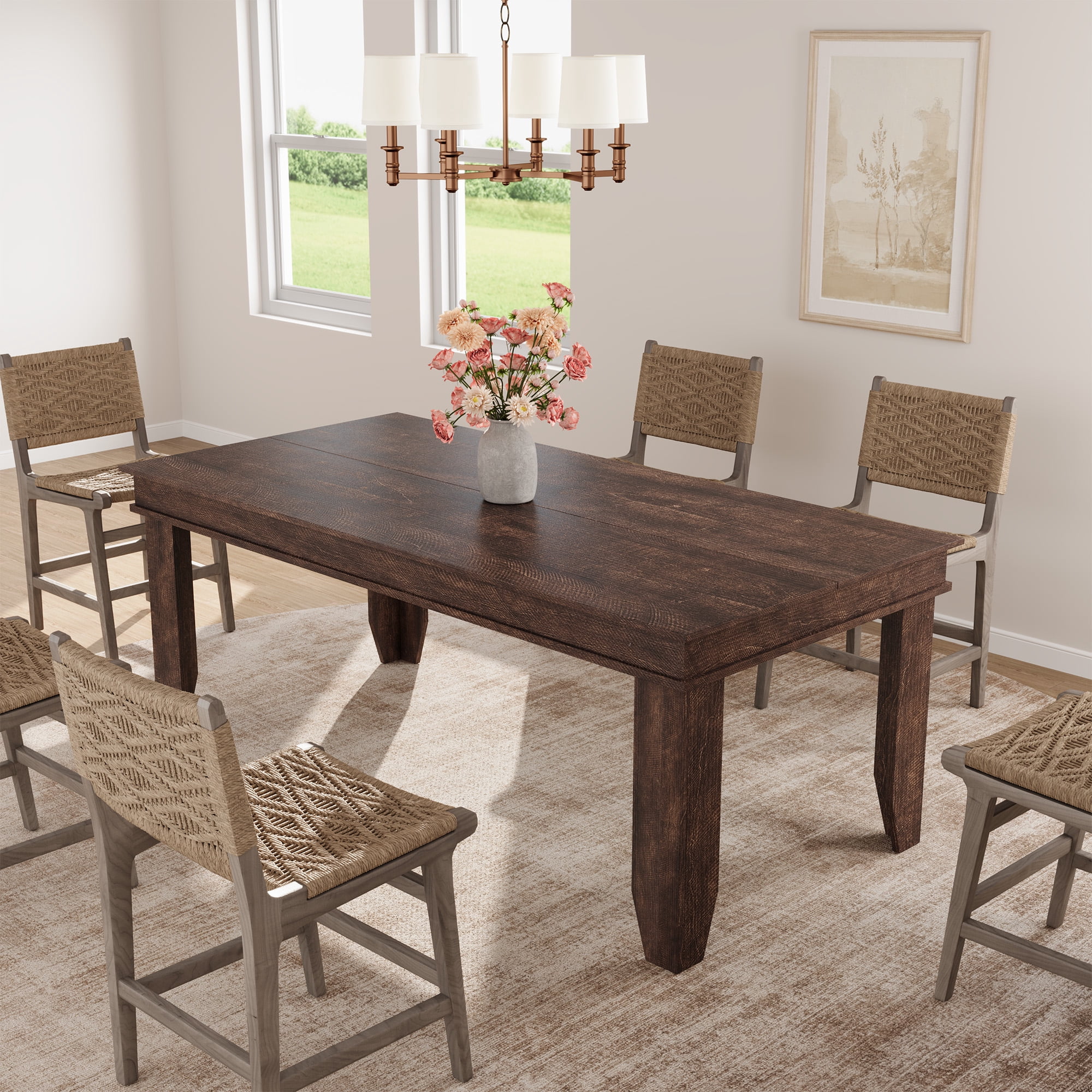 Farmhouse Dining Table for 4-6 People, Long Kitchen Table with Wooden ...