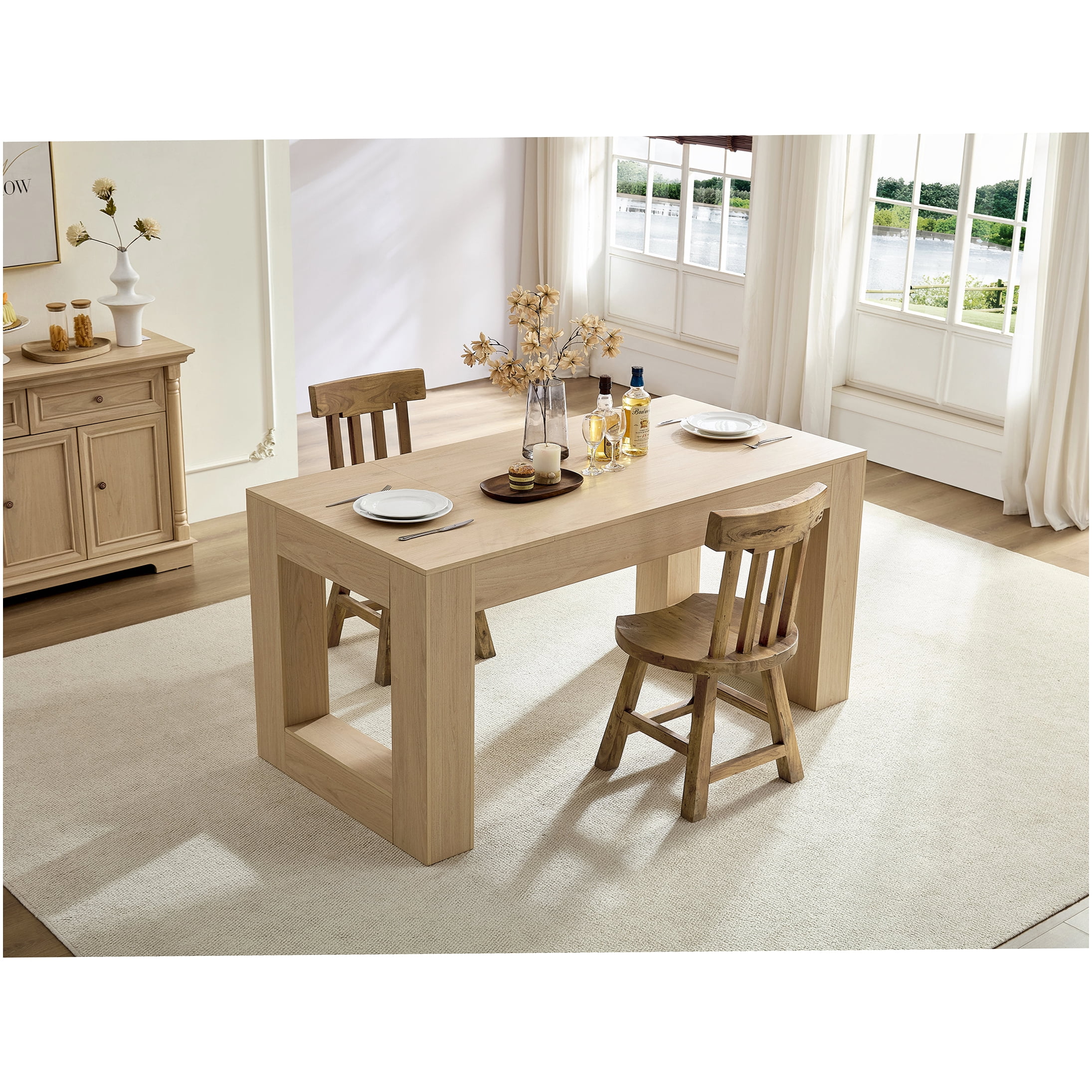 Farmhouse Dining Table for 4-6 People, Rectangular Wood Tabletop with ...