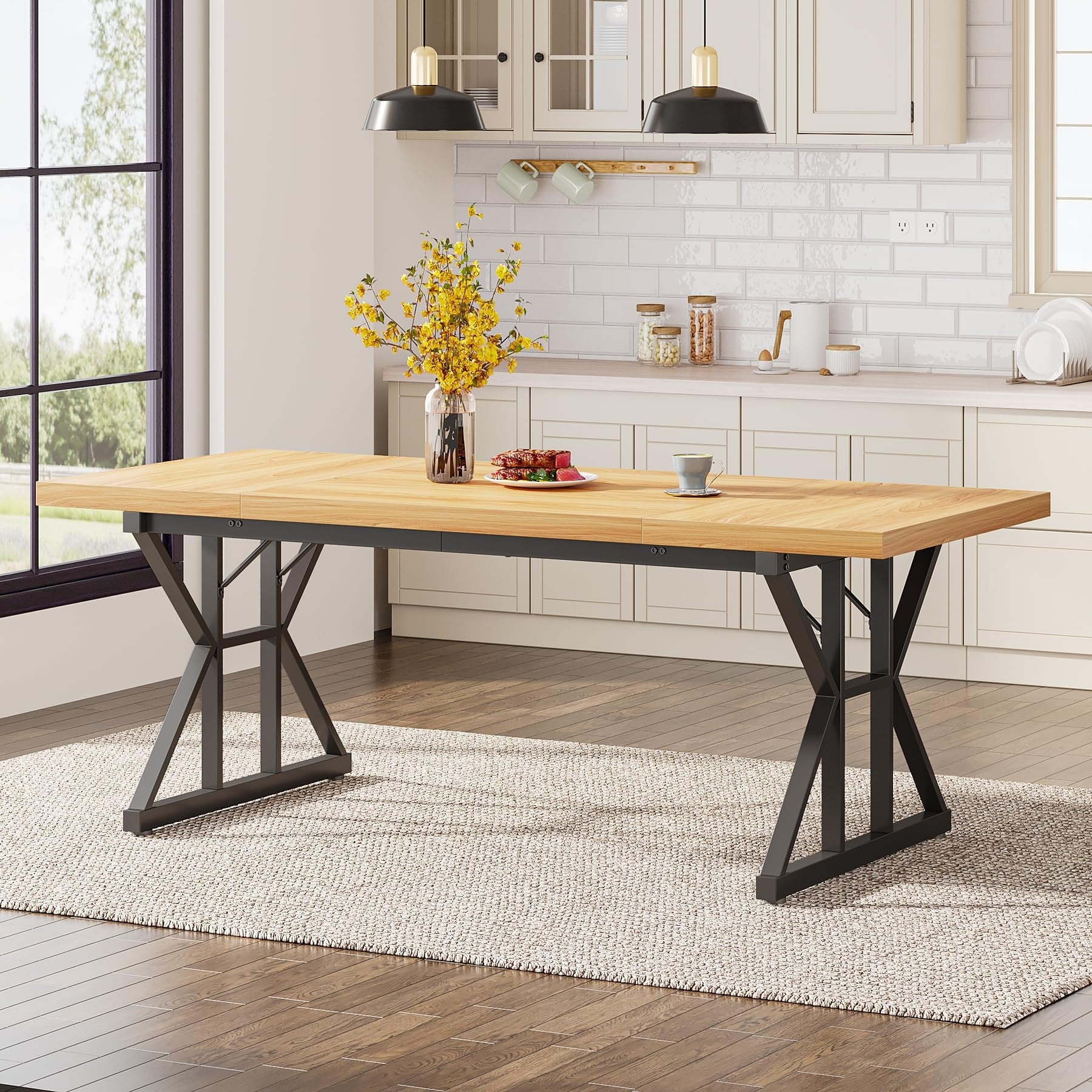 Farmhouse Dining Table for 6 People, 70.8-Inch Rectangular Wood Kitchen ...