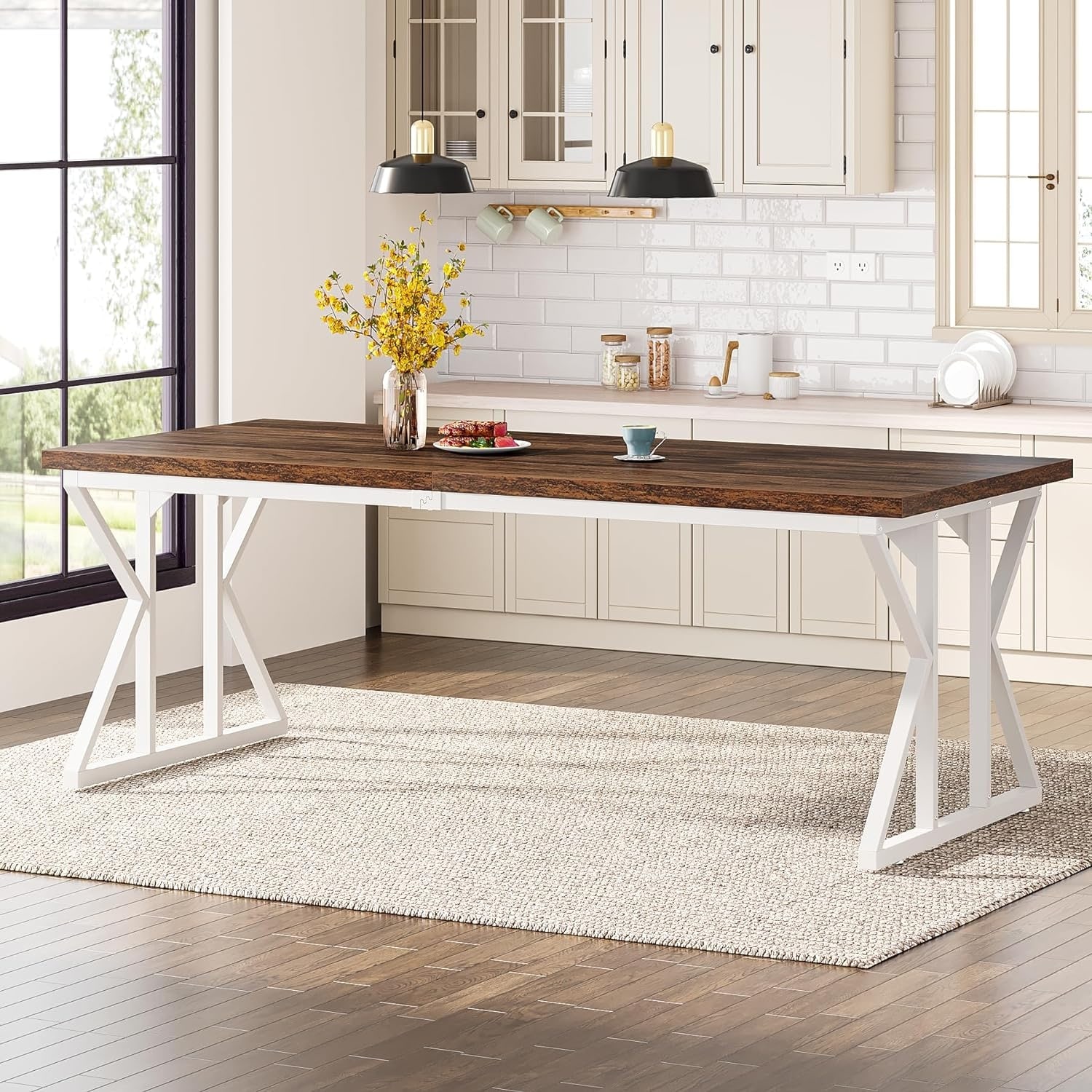 Farmhouse Dining Table for 6 People, 70.8-Inch Rectangular Wood Kitchen ...
