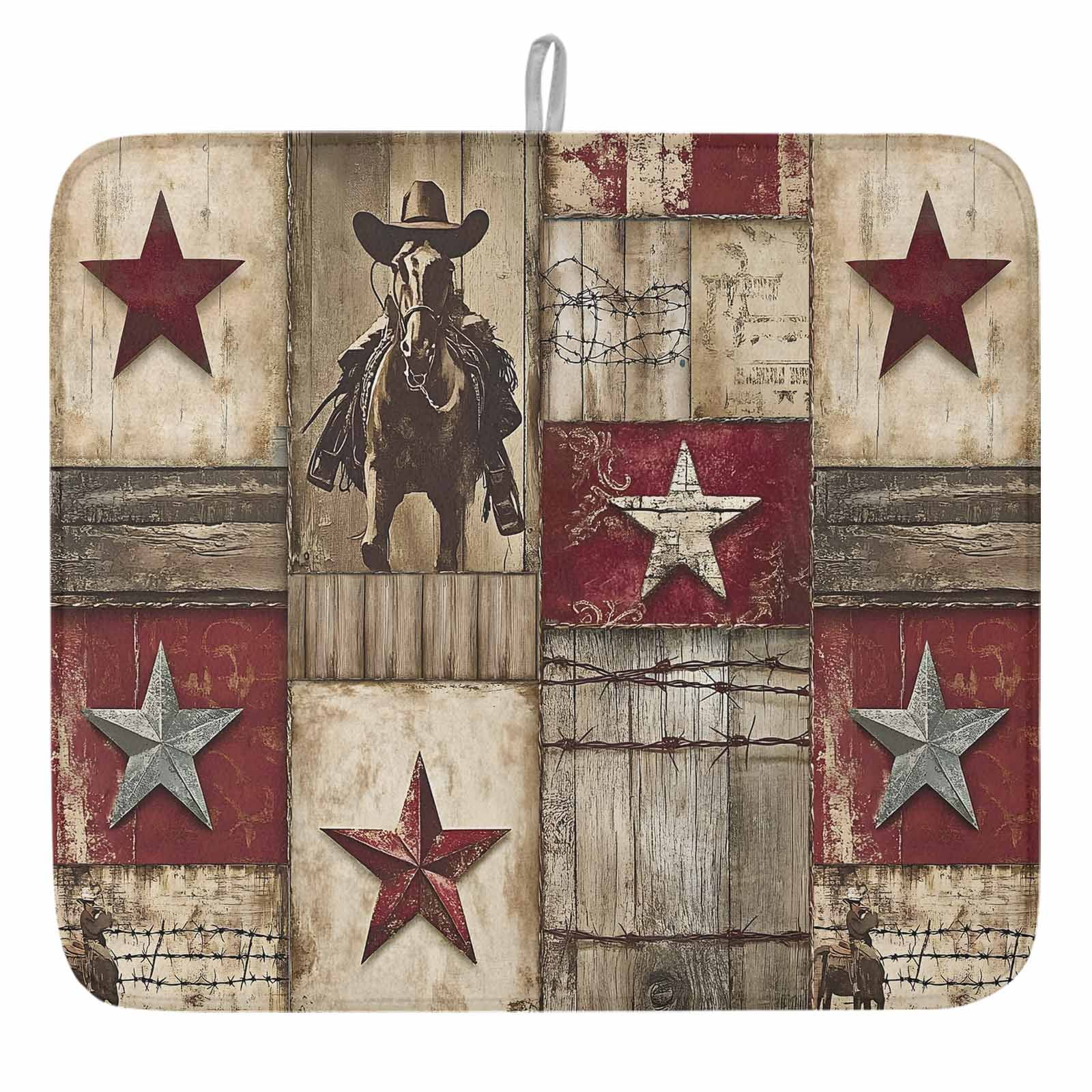 Farmhouse Dish Drying Mat, Western Wood Texture Barn Star Absorbent ...