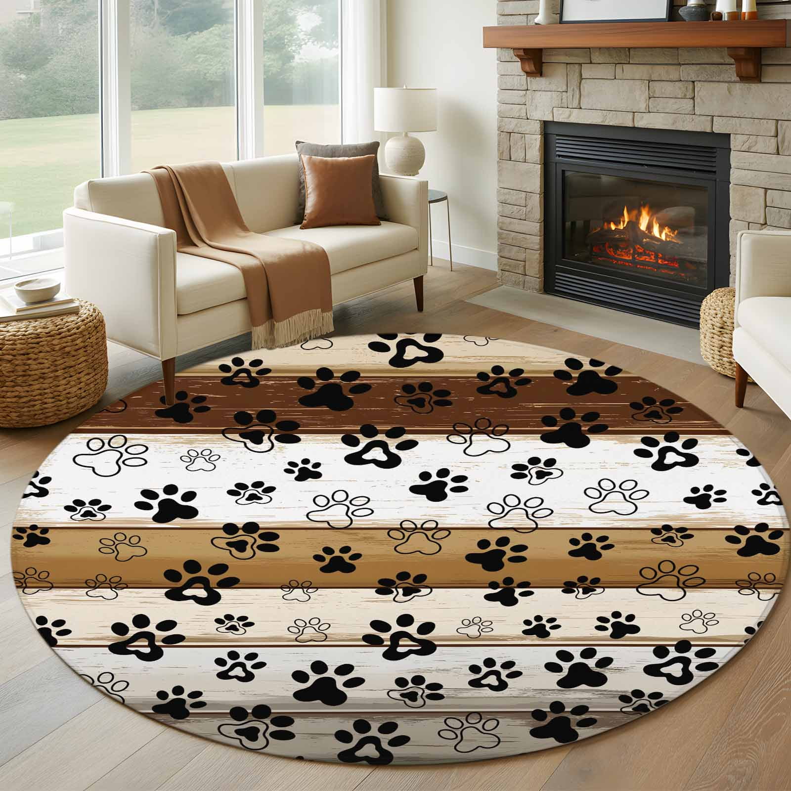 Farmhouse Dog 8FT Round Area Rugs for Living Room Paw Vintage Brown ...