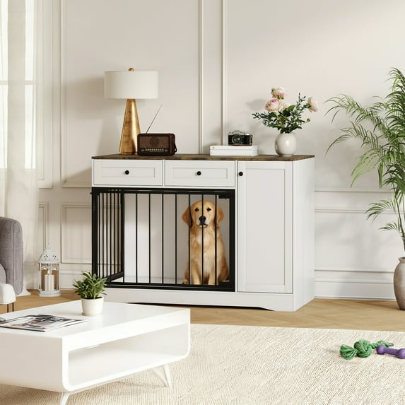 Farmhouse Dog Crate Furniture 47" – Modern Indoor Kennel with Double ...