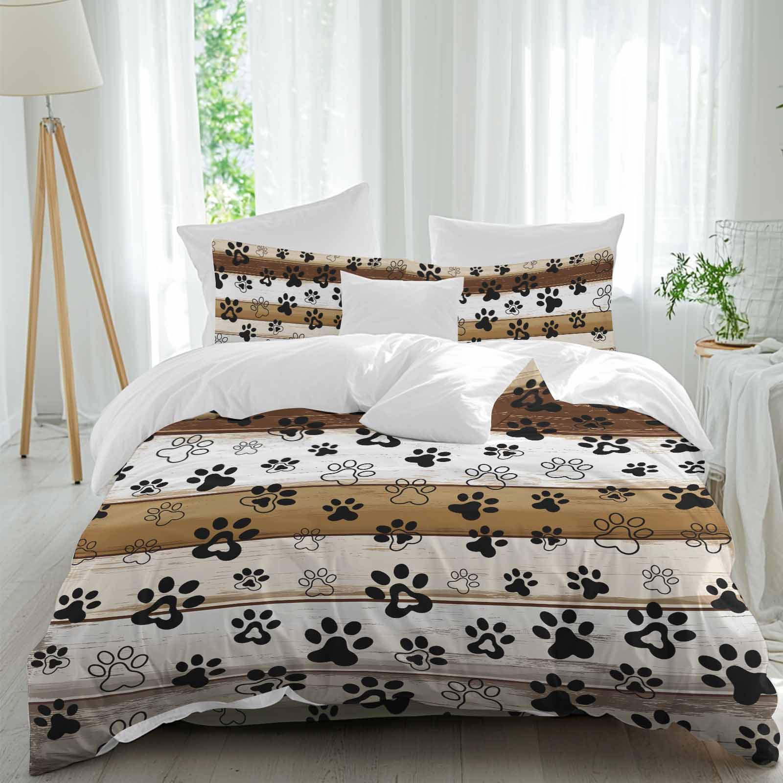 Farmhouse Dog Duvet Cover Set Full Size Paw Vintage Brown Wooden Board ...