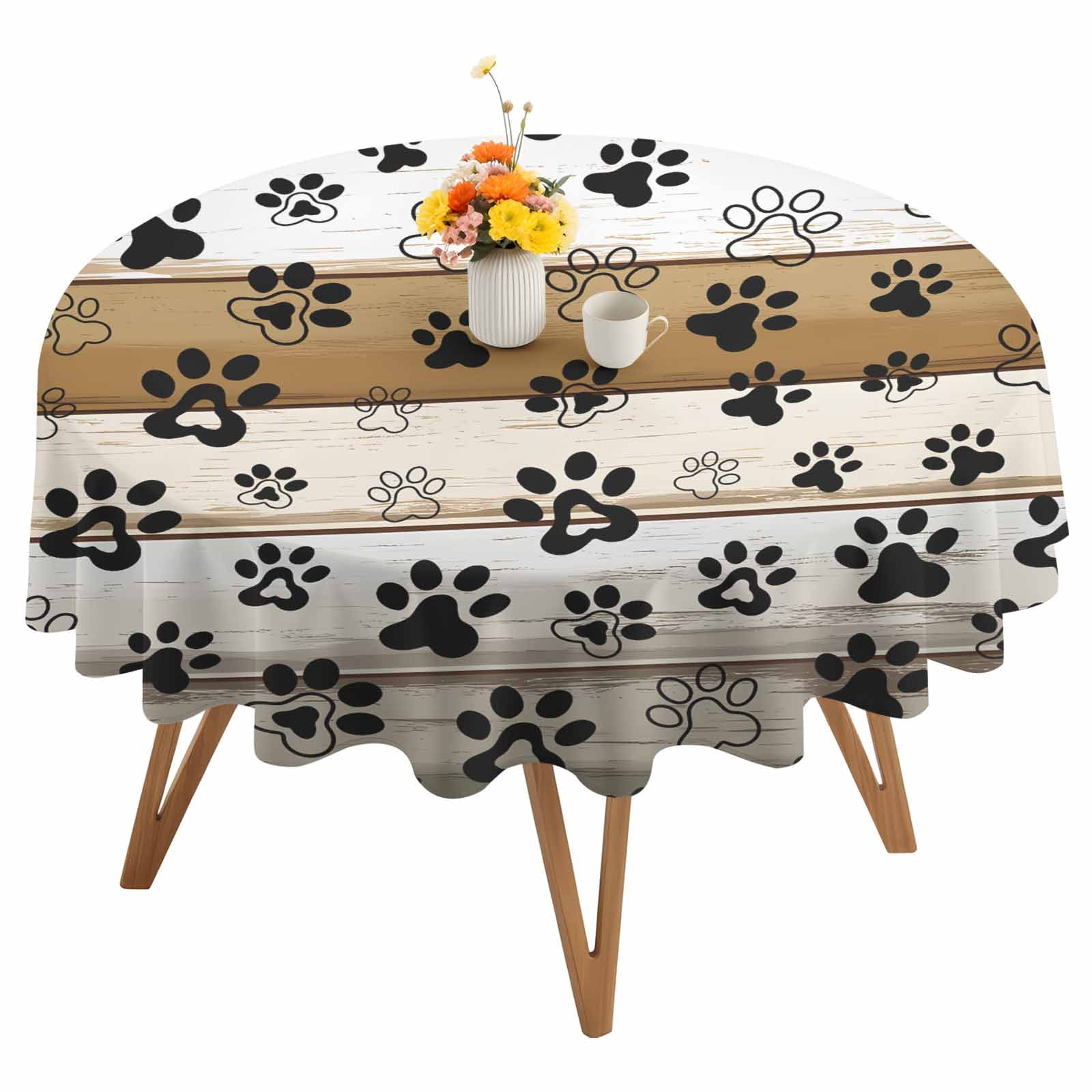 Farmhouse Dog Round Tablecloth 54 inches Paw Vintage Brown Wooden Board ...