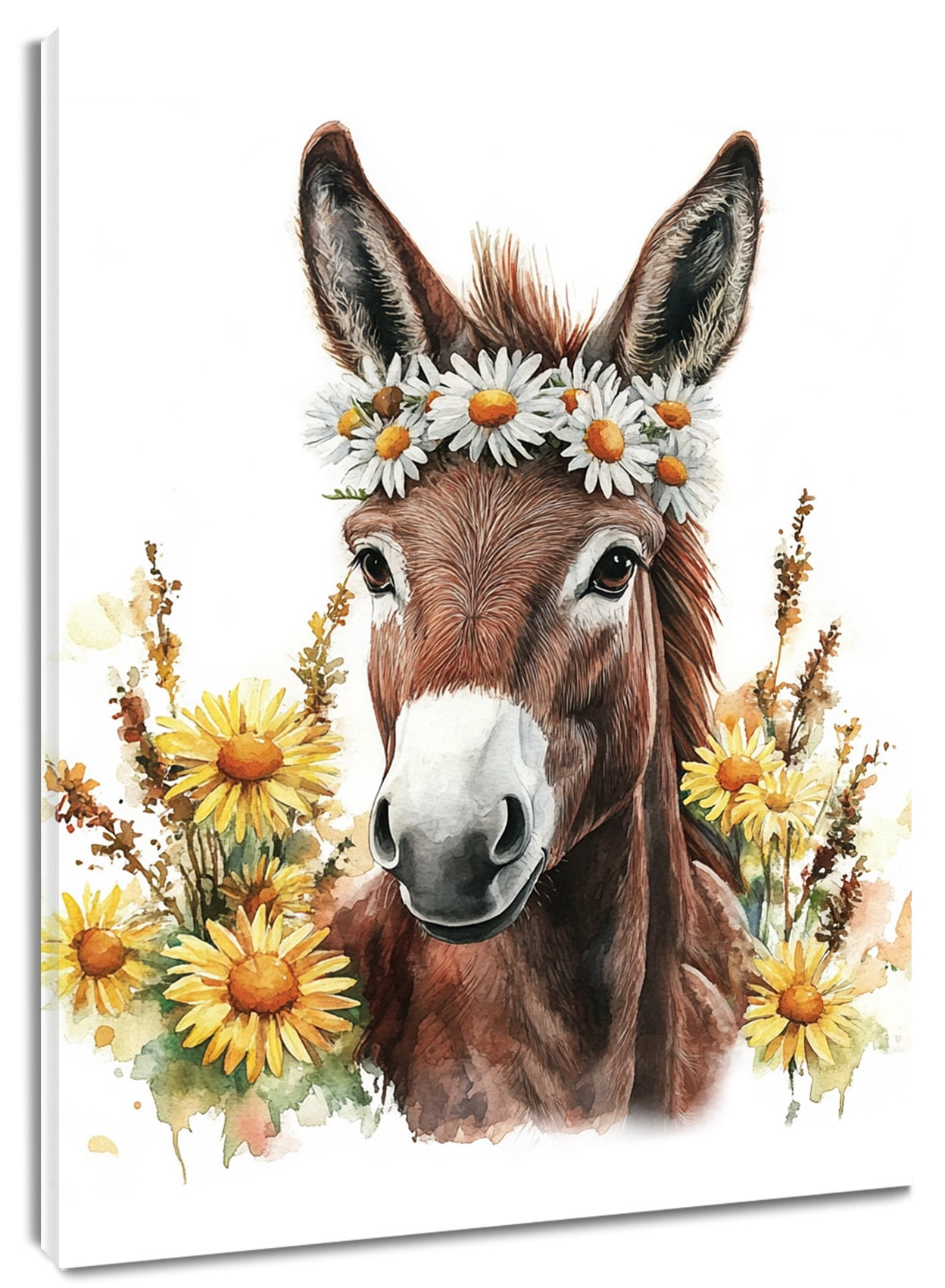 Farmhouse Donkey Wall Art, Brown Donkey with White Yellow Daisy Flower ...