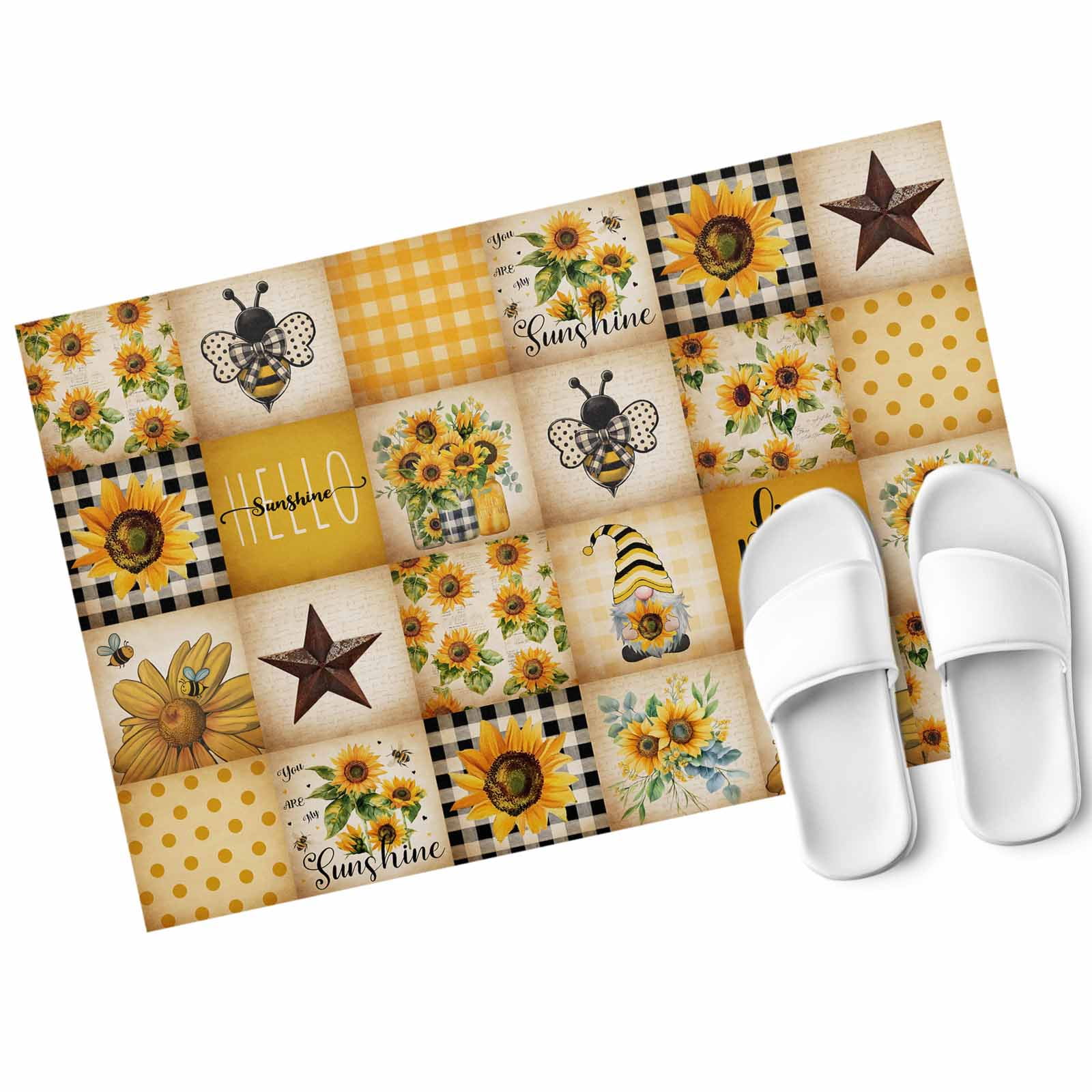 Farmhouse Door Mat Sunflower Gnome Bee Star Yellow Buffalo Plaid ...
