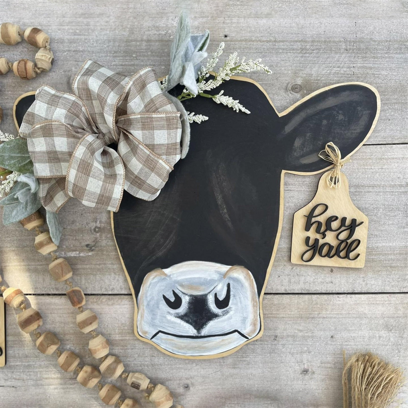 Farmhouse Door Wreath - Cow Head Welcome Sign, Cow Head Door Wreath ...